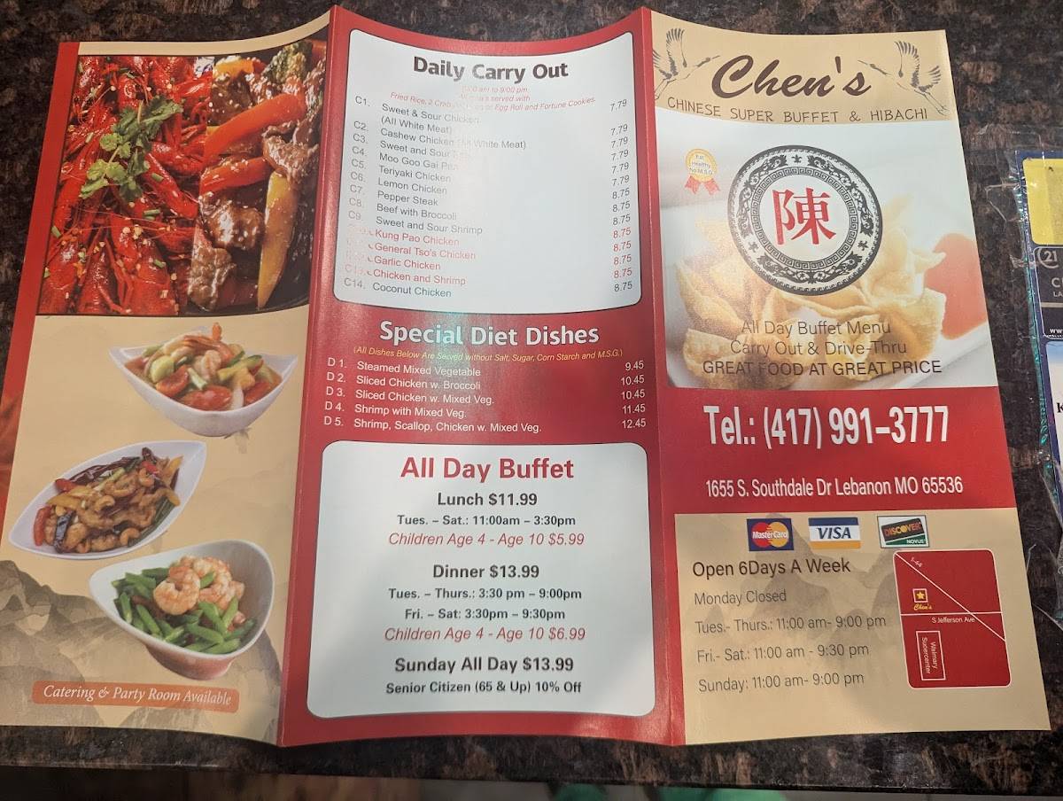 Menu at Chen's Chinese Super Buffet restaurant, Lebanon