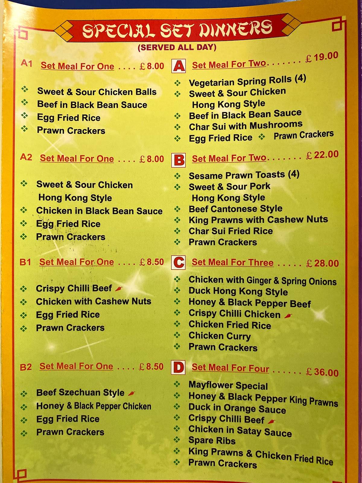 Menu at Mayflower fast food, Chesterfield