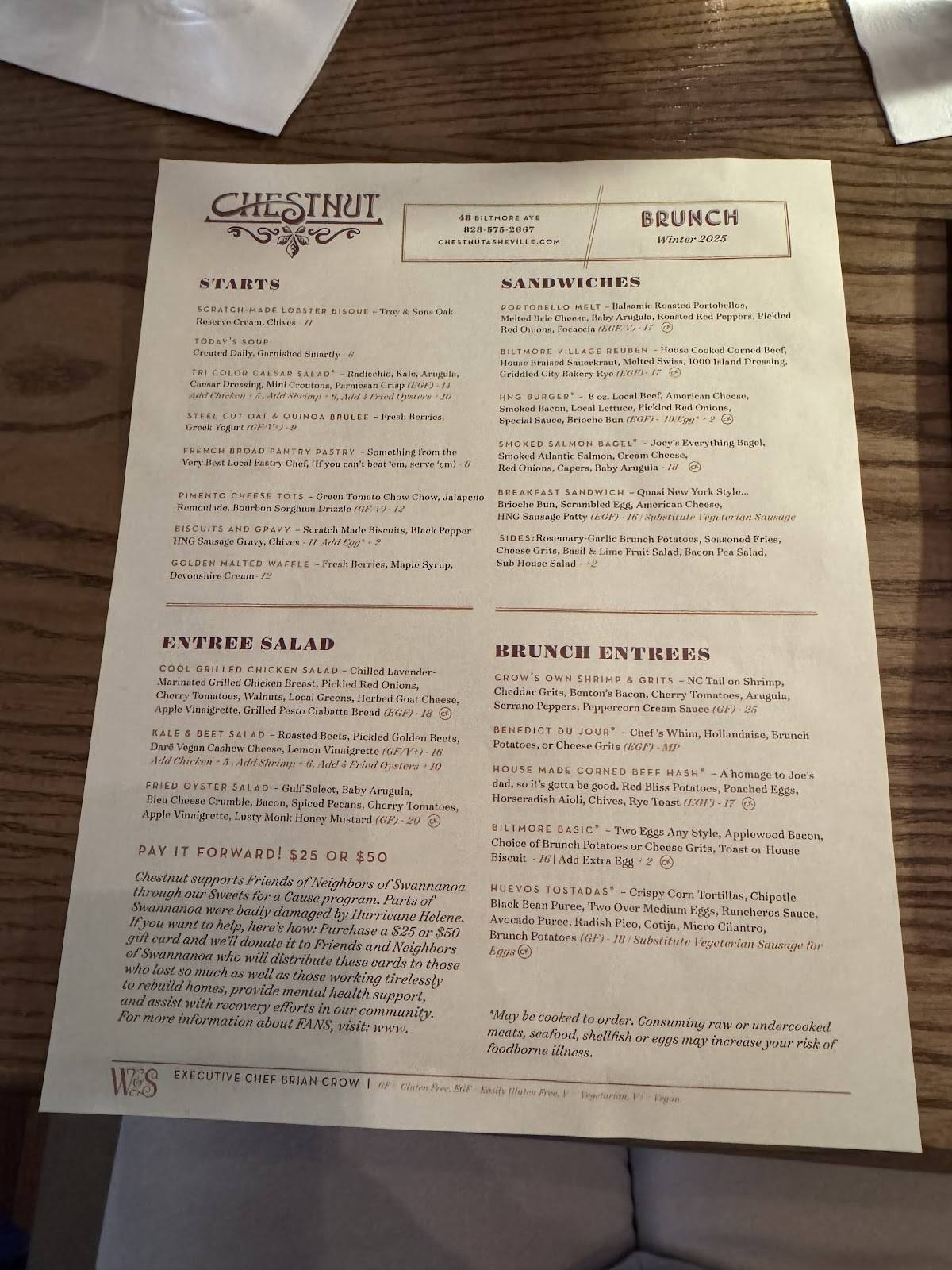 Menu at Chestnut restaurant, Asheville