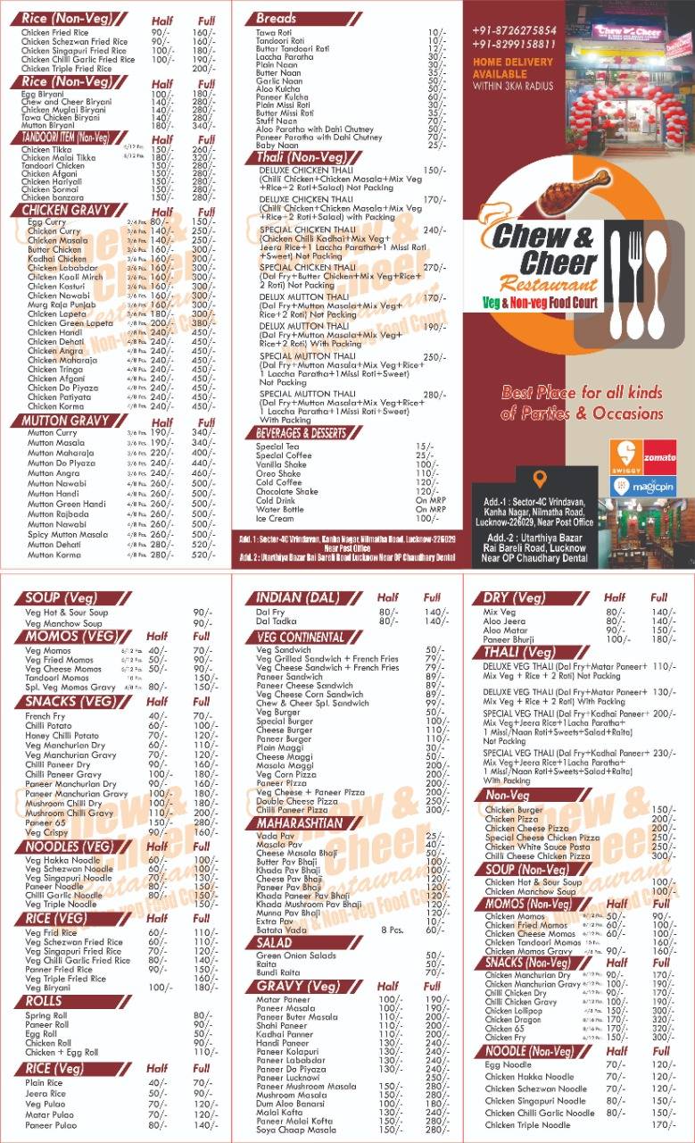 Menu at Chew & Cheer Restaurant, Lucknow, shop no 9 and 10