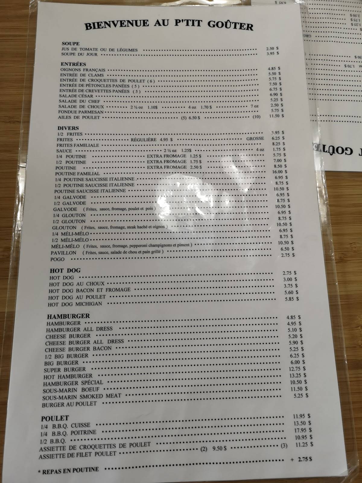 Menu au Restaurant au P'tit Goûter - Chez Bergeron, Bonaventure