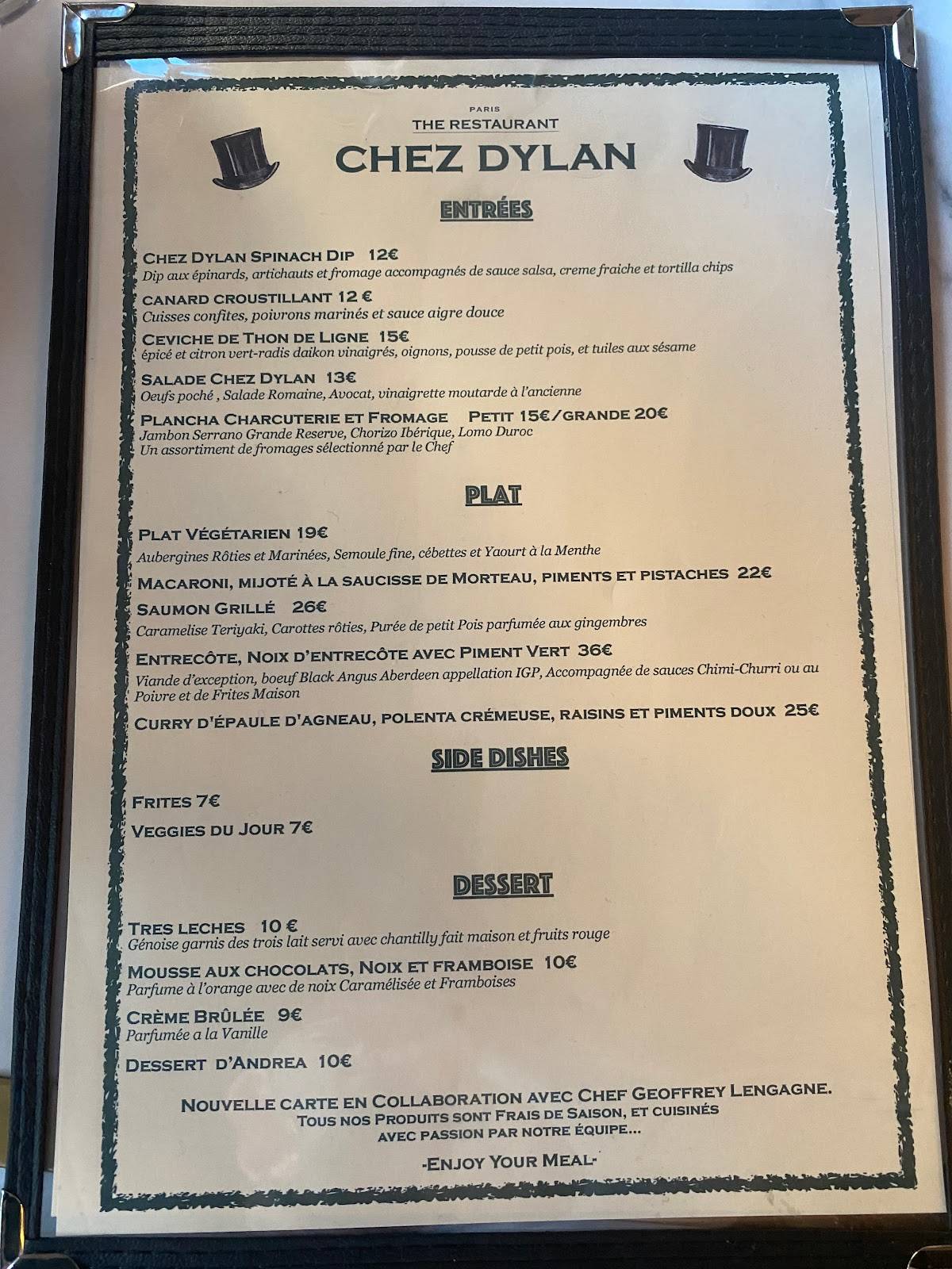 Menu at Chez Dylan restaurant, Paris