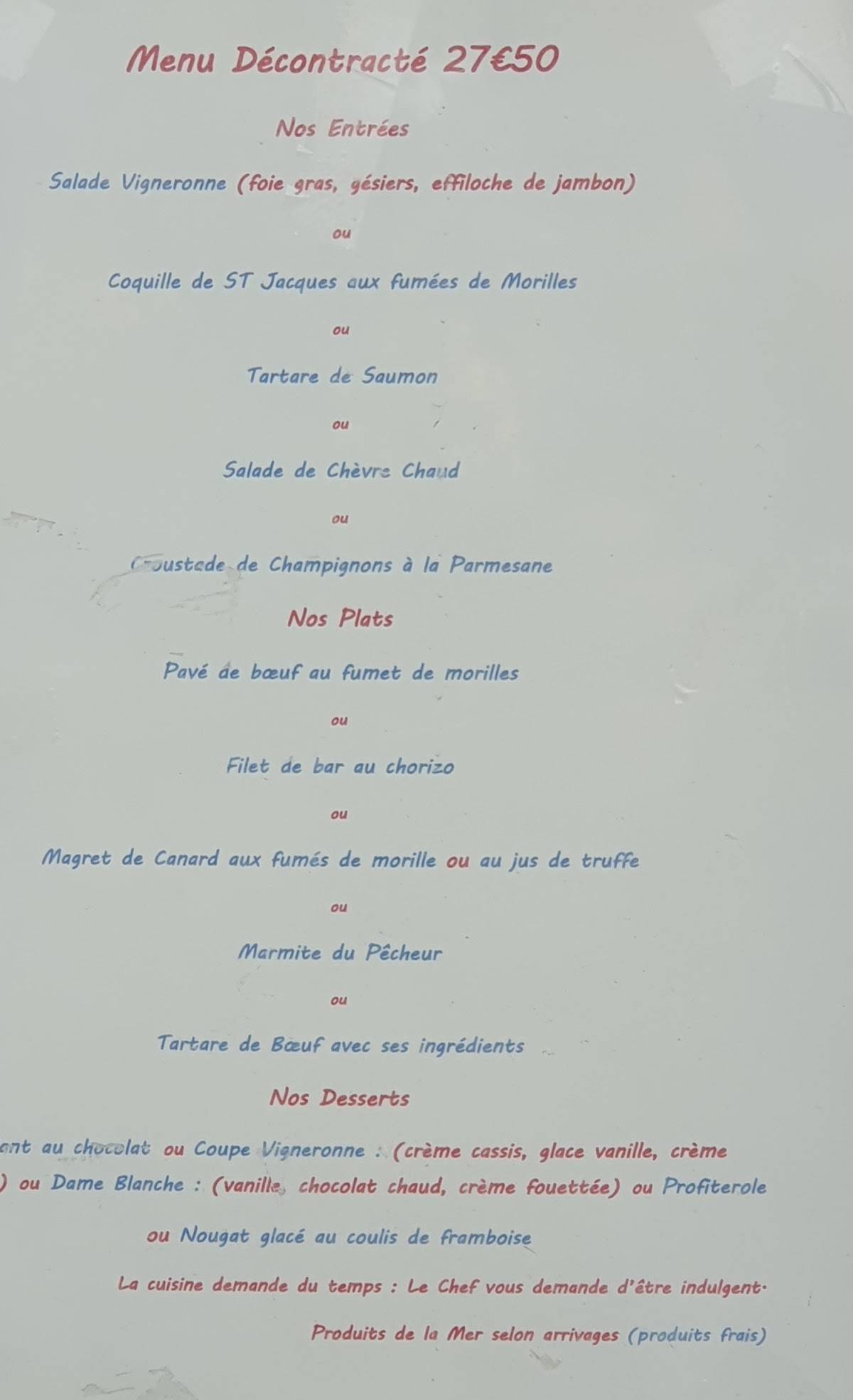 Menu au Chez Iris et Christophe restaurant, Fitou