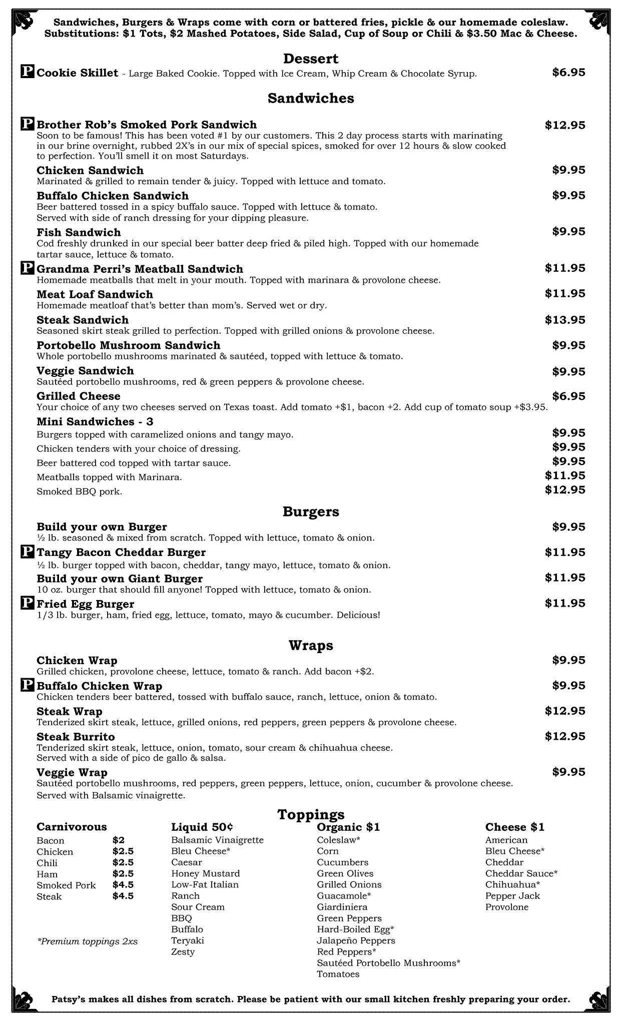 Menu at Patsy's Place pub & bar, Chicago
