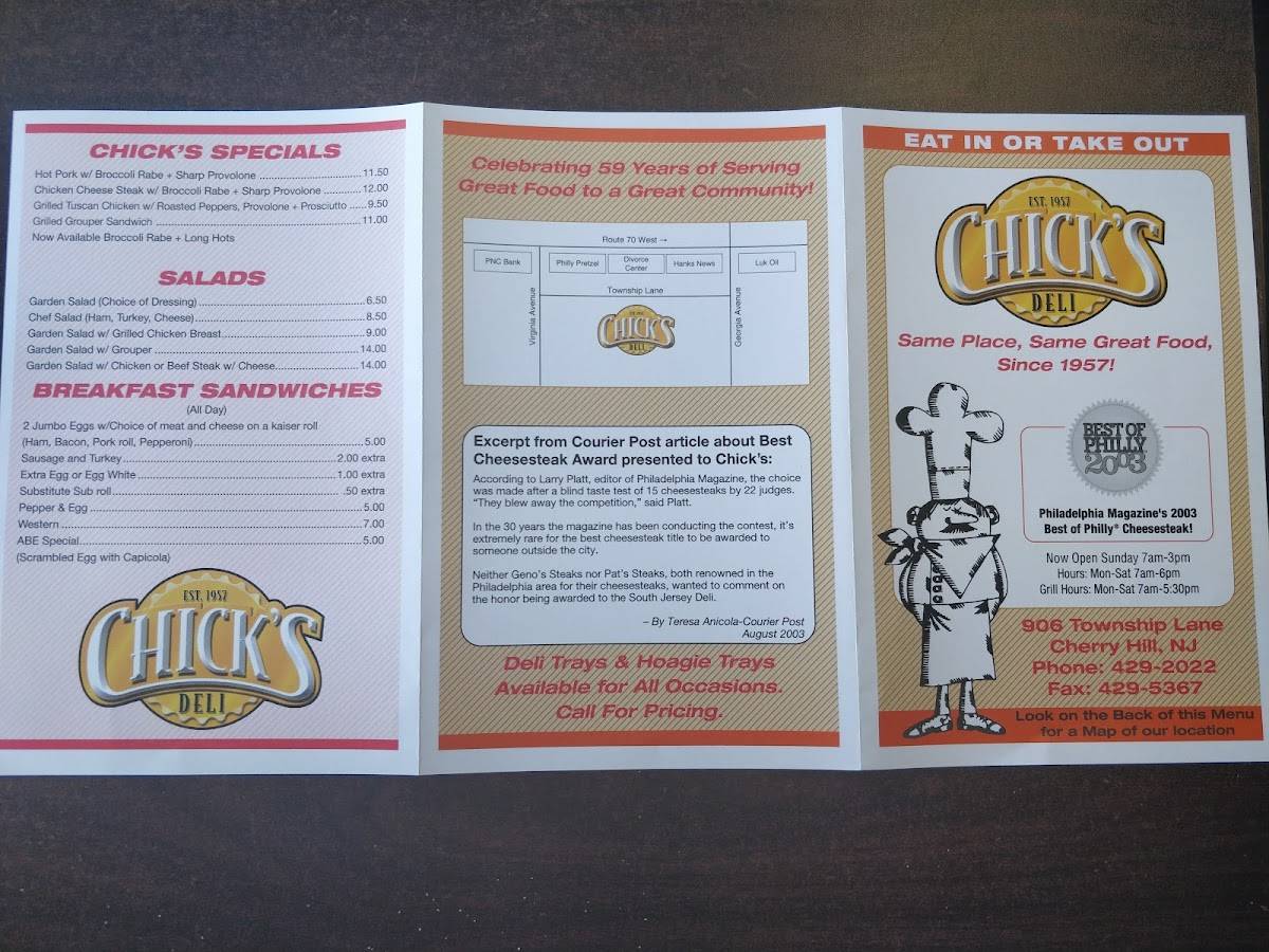 Menu at Chick's Deli restaurant, Cherry Hill