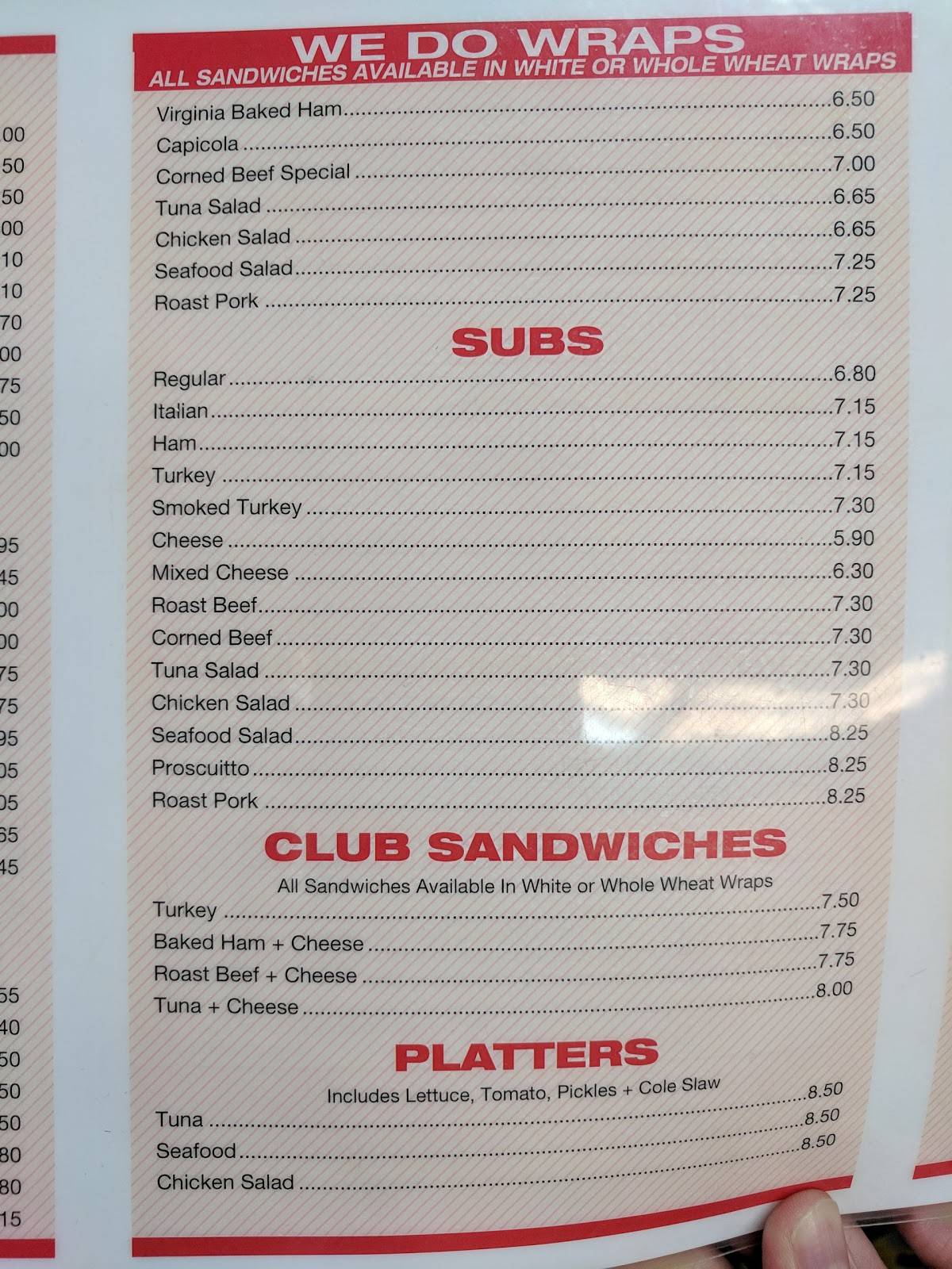 Menu at Chick's Deli restaurant, Cherry Hill