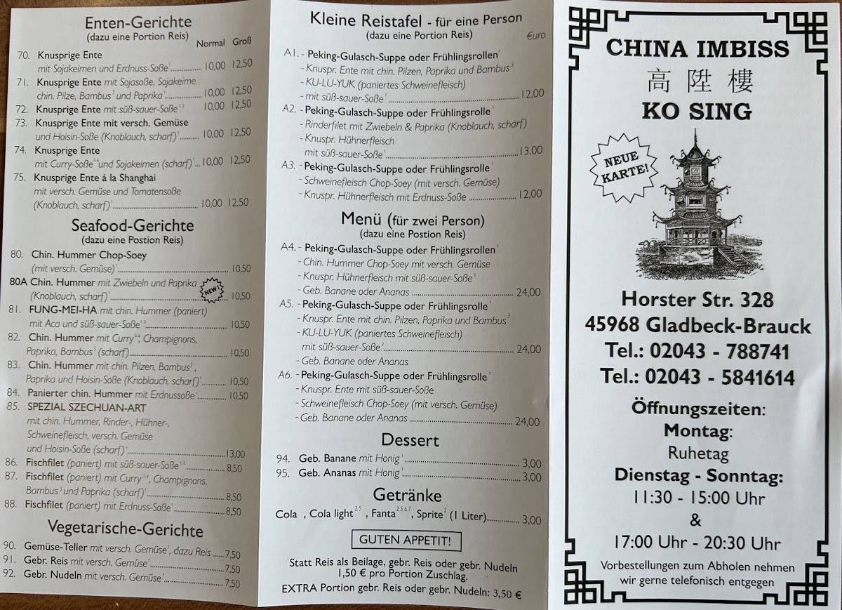 Speisekarte von China Imbiss Ko Sing pub & Bar, Gladbeck