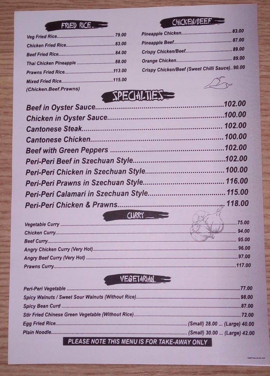 Menu at China Plate restaurant, Durban