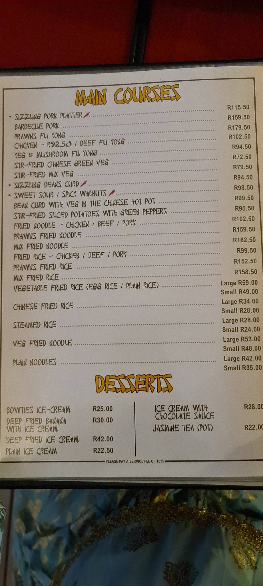 Menu at China Plate restaurant, Durban