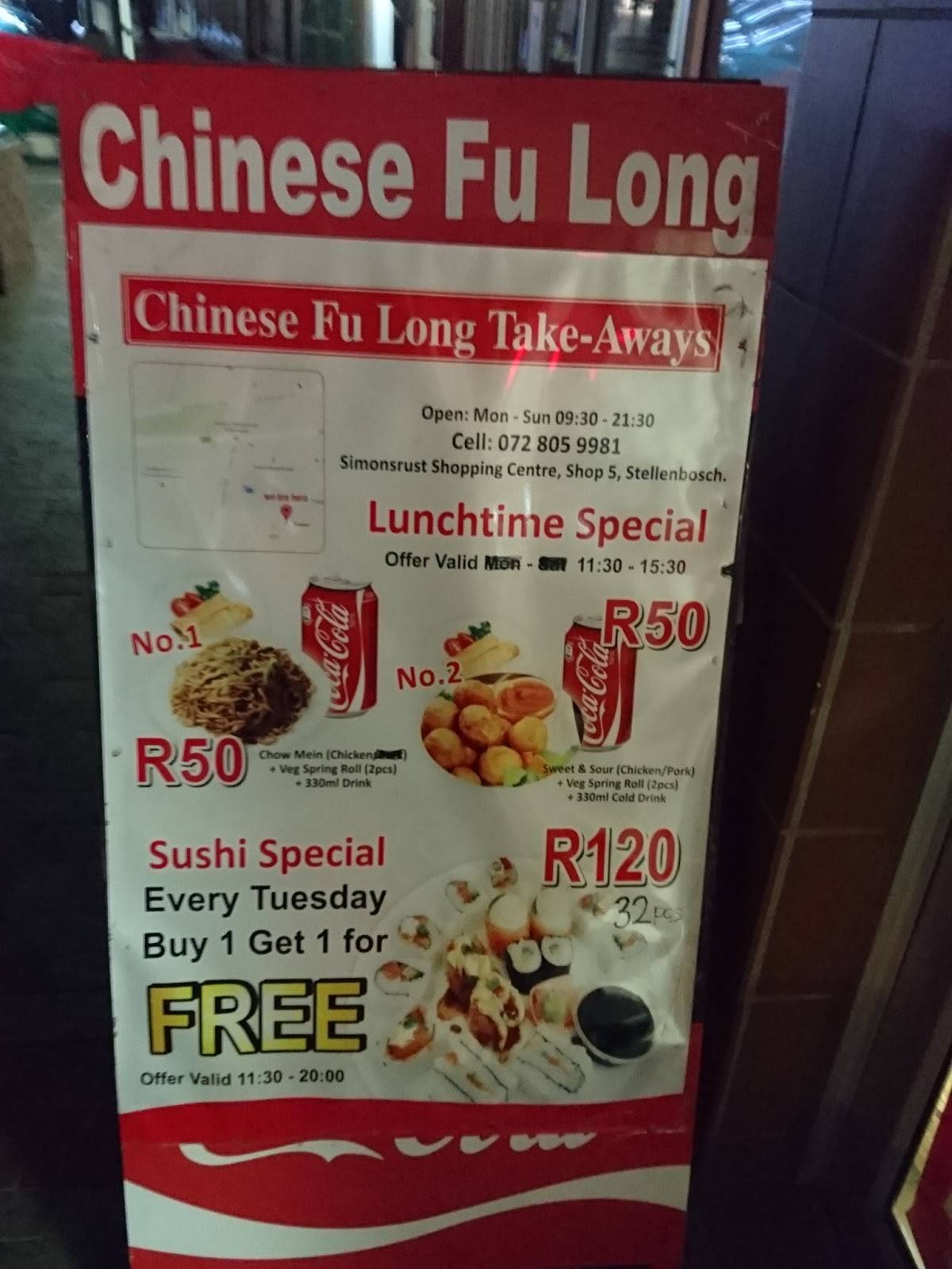 Menu at Chinese Fu Long restaurant, Stellenbosch, 28 Cluver Rd