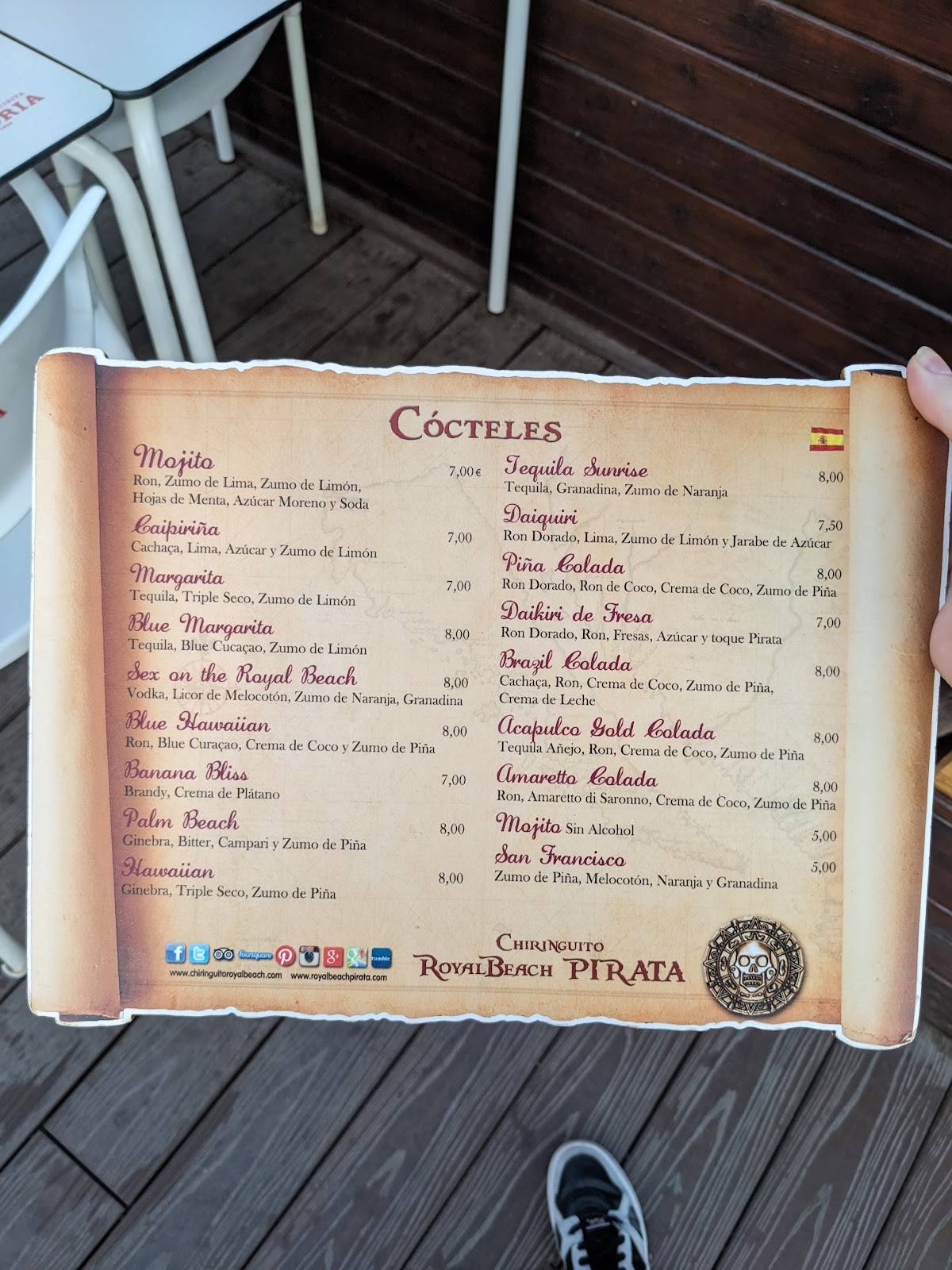 Menu at Chiringuito Royal Beach Pirata pub & bar, Sitio de Calahonda