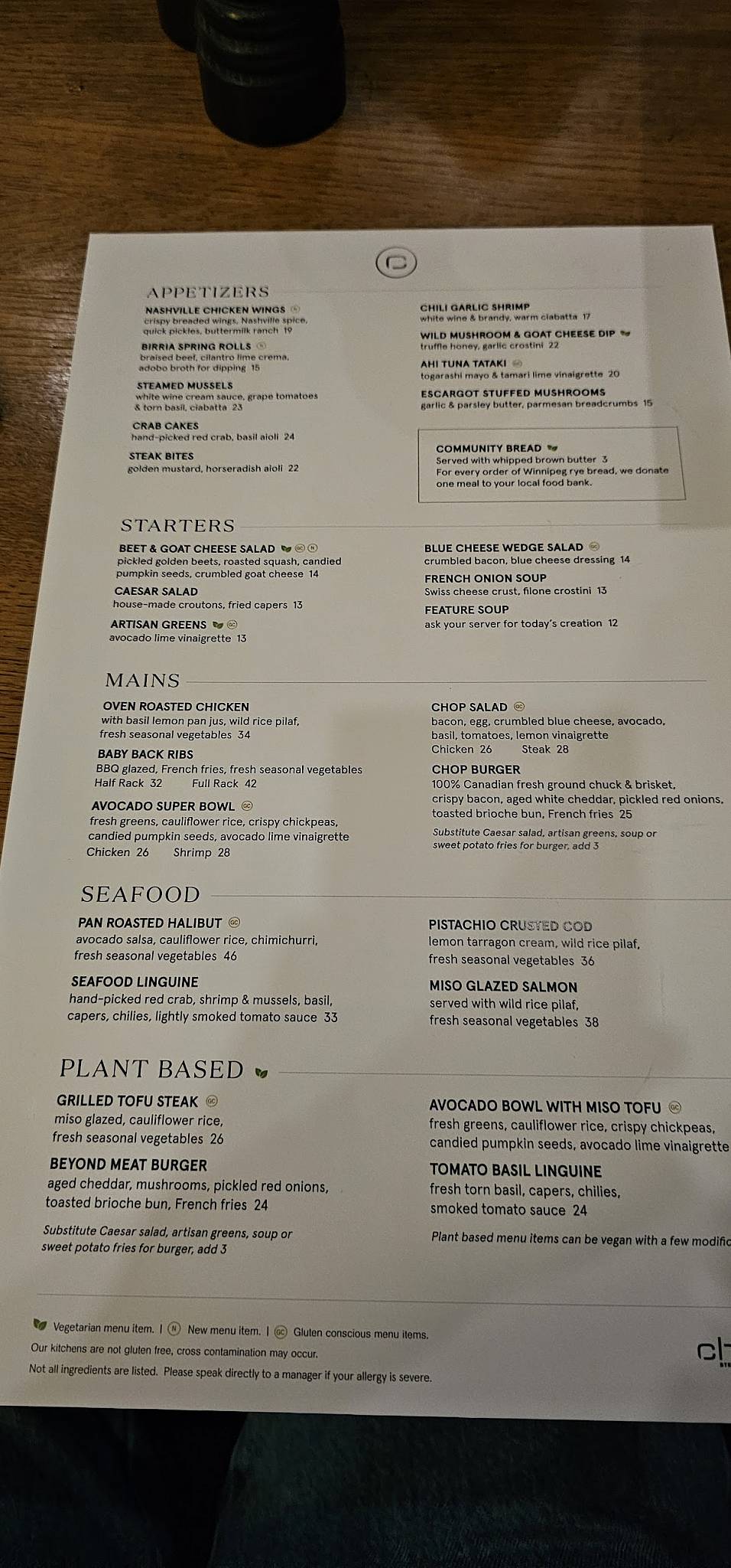 Menu at Chop Steakhouse & Bar, Ottawa