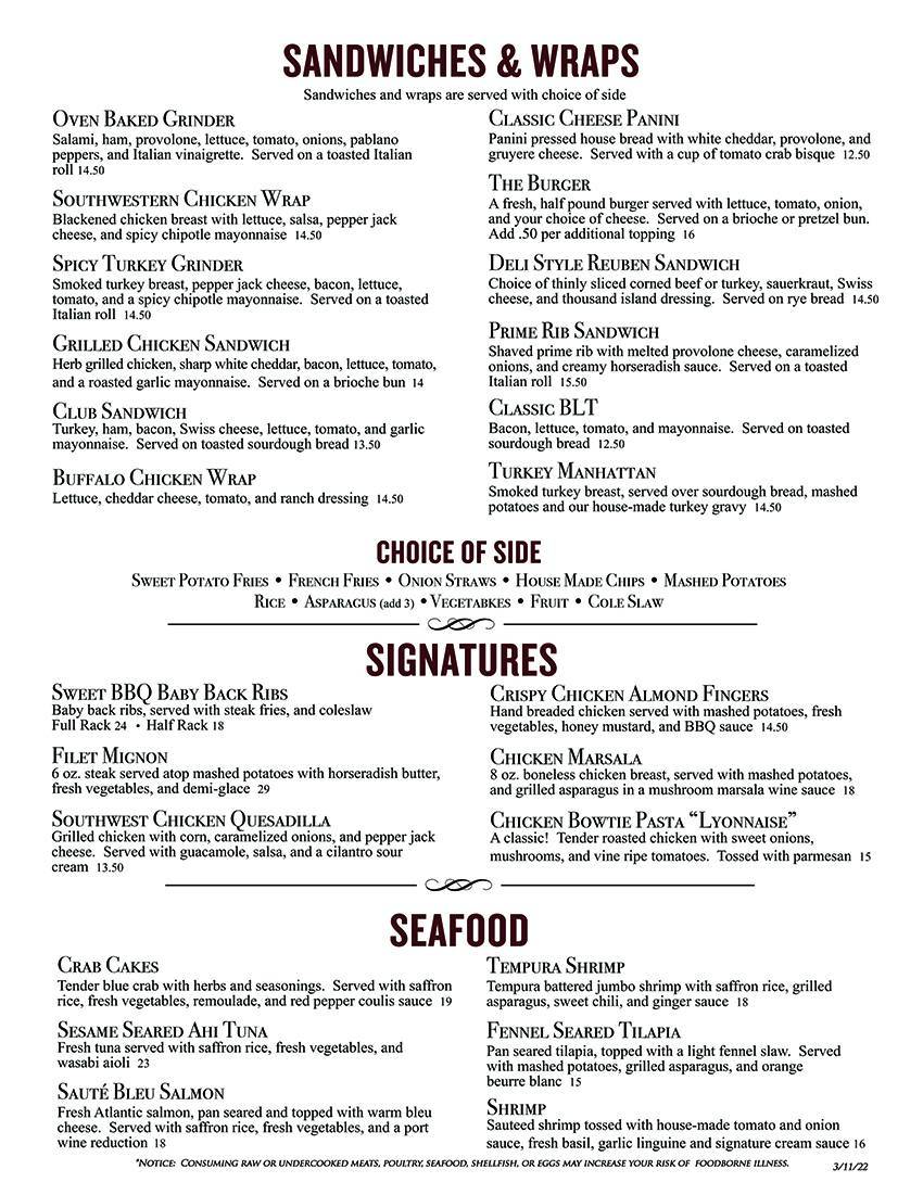 Menu at Chop's steakhouse, Fort Wayne