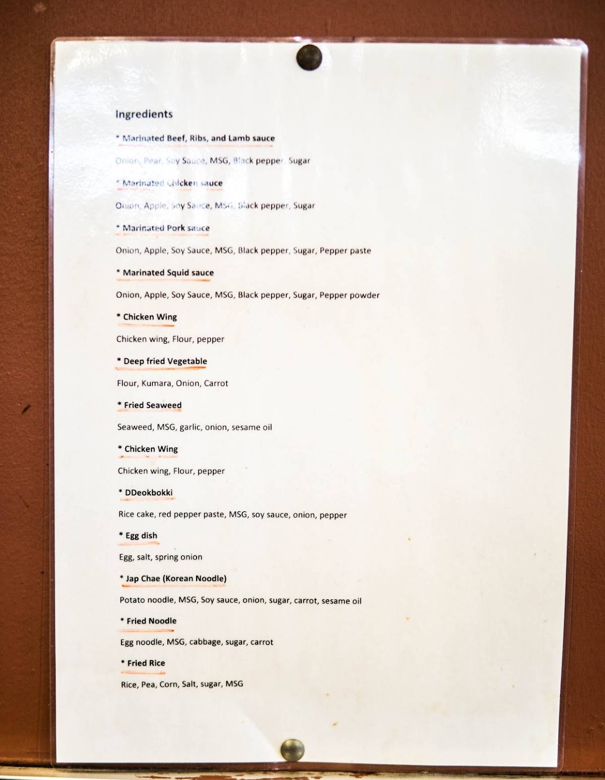 Menu at Chowon Restaurant, Auckland