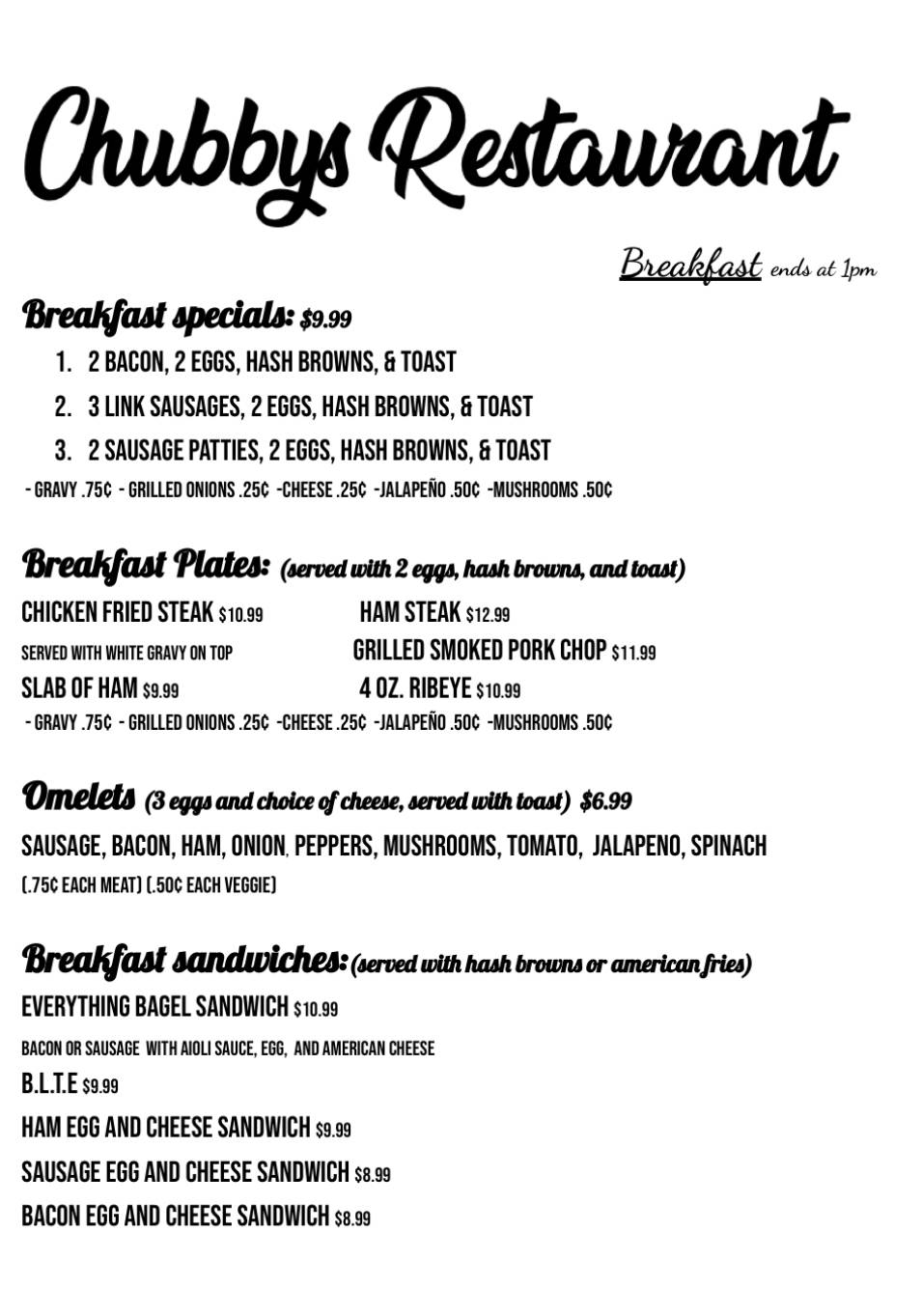 Menu at Chubby's Restaurant, Moscow Mills
