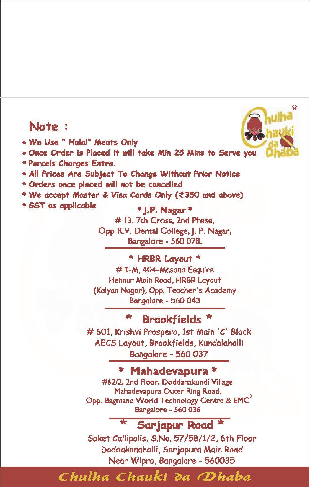 Menu at Chulha Chauki Da Dhaba Sarjapur Rd Restaurant, Bengaluru, 6th Floor