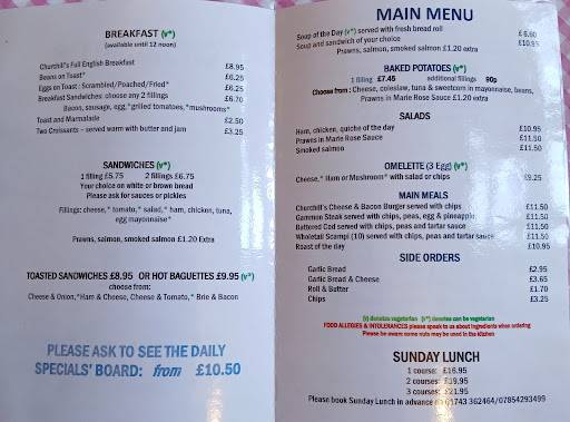 Menu at Churchill's Cafe and Restaurant, Shrewsbury