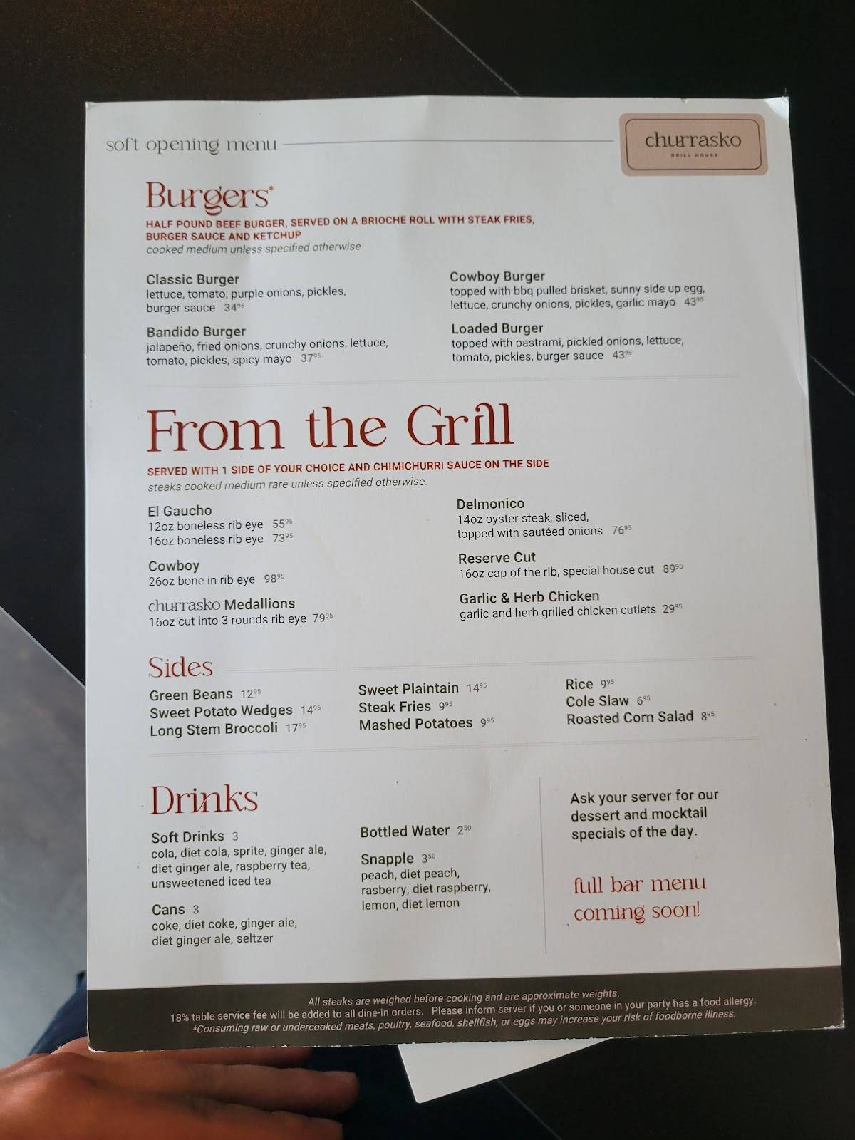 Menu at Churrasko Grill House restaurant, Monsey