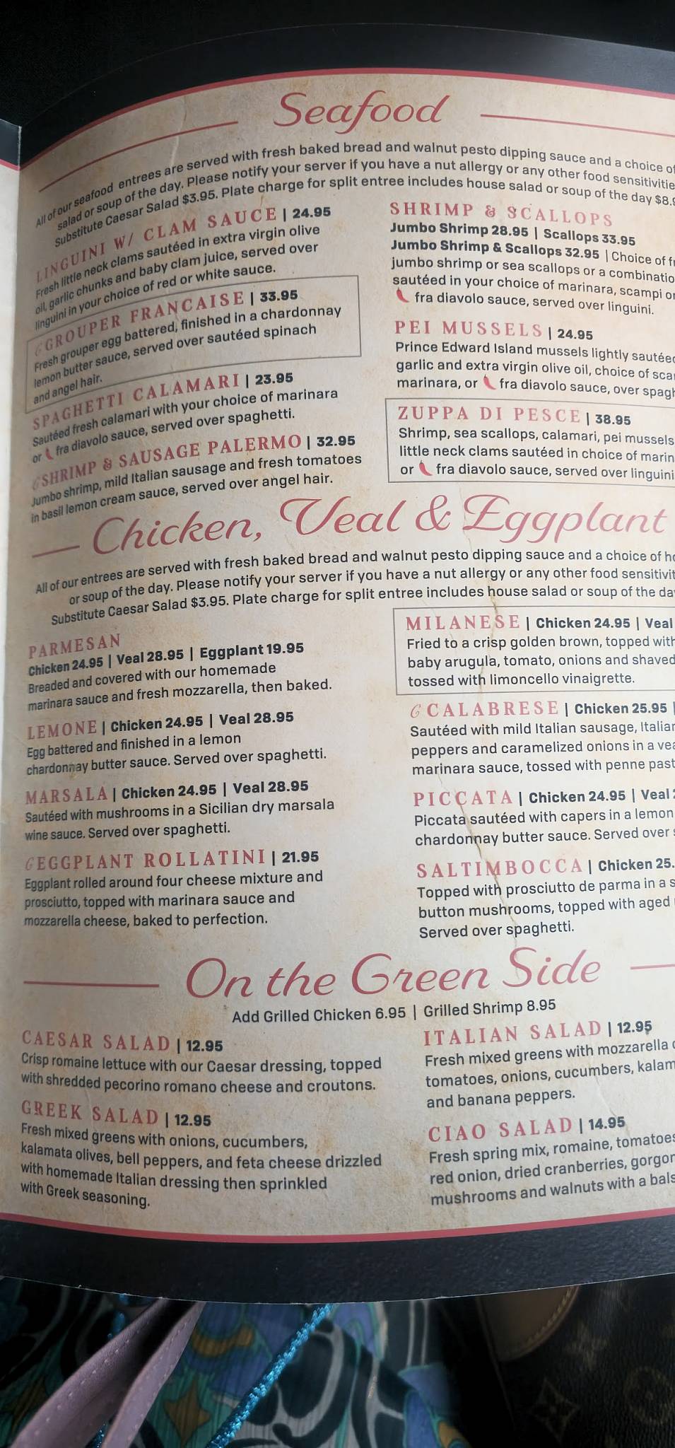 Menu at Ciao italian restaurant, Myrtle Beach