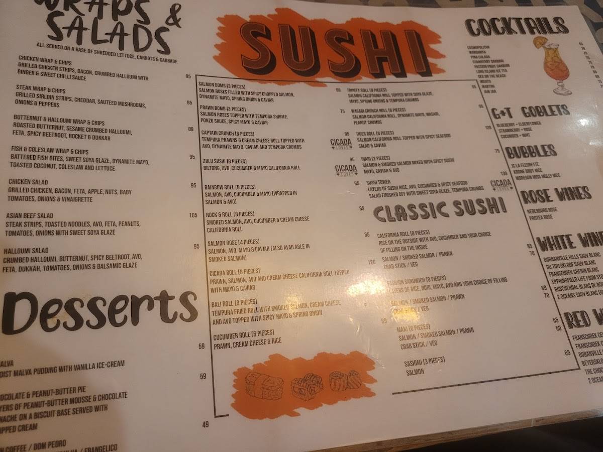 Menu at Cicada restaurant, Nelspruit
