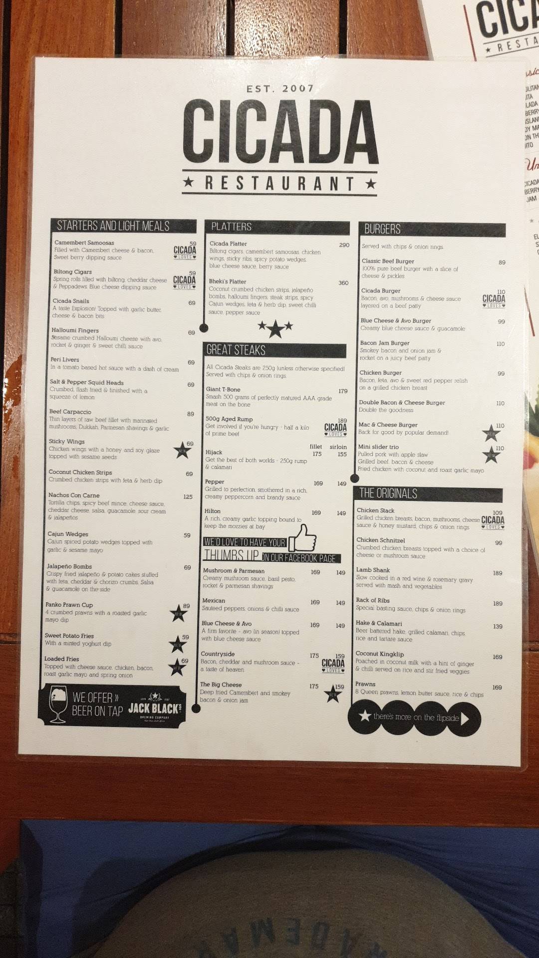 Menu at Cicada restaurant, Nelspruit
