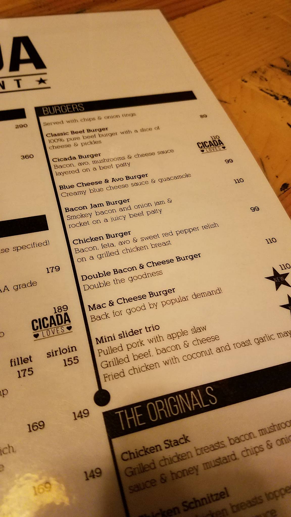 Menu at Cicada restaurant, Nelspruit