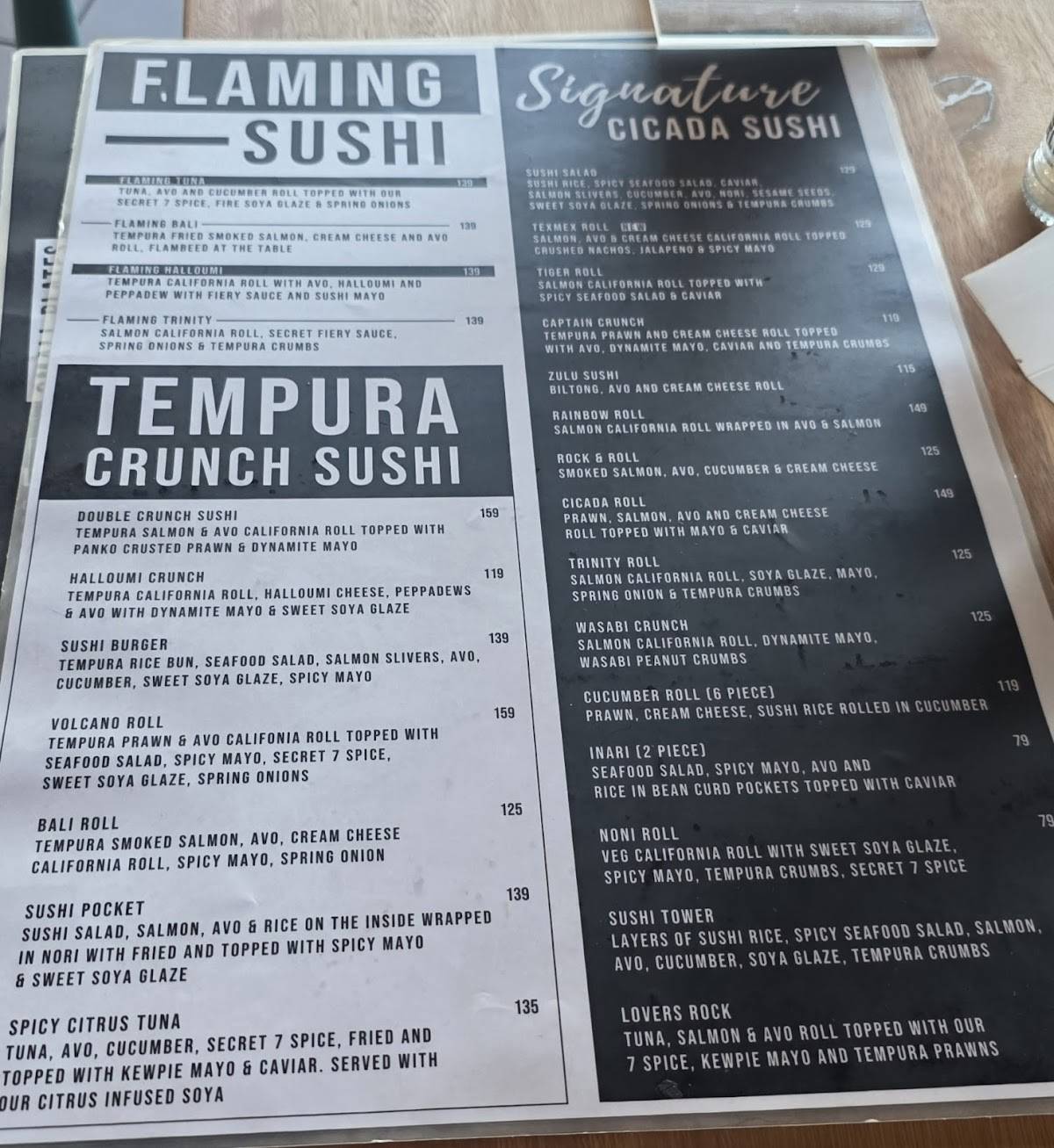 Menu at Cicada restaurant, Nelspruit
