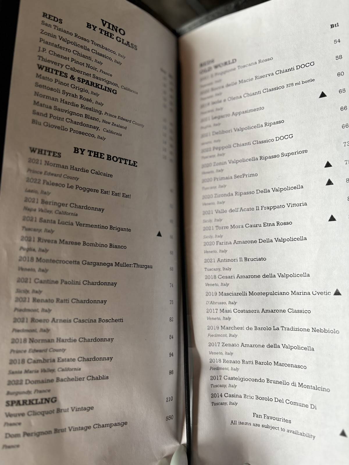 Menu at Cima Enoteca restaurant, Burlington