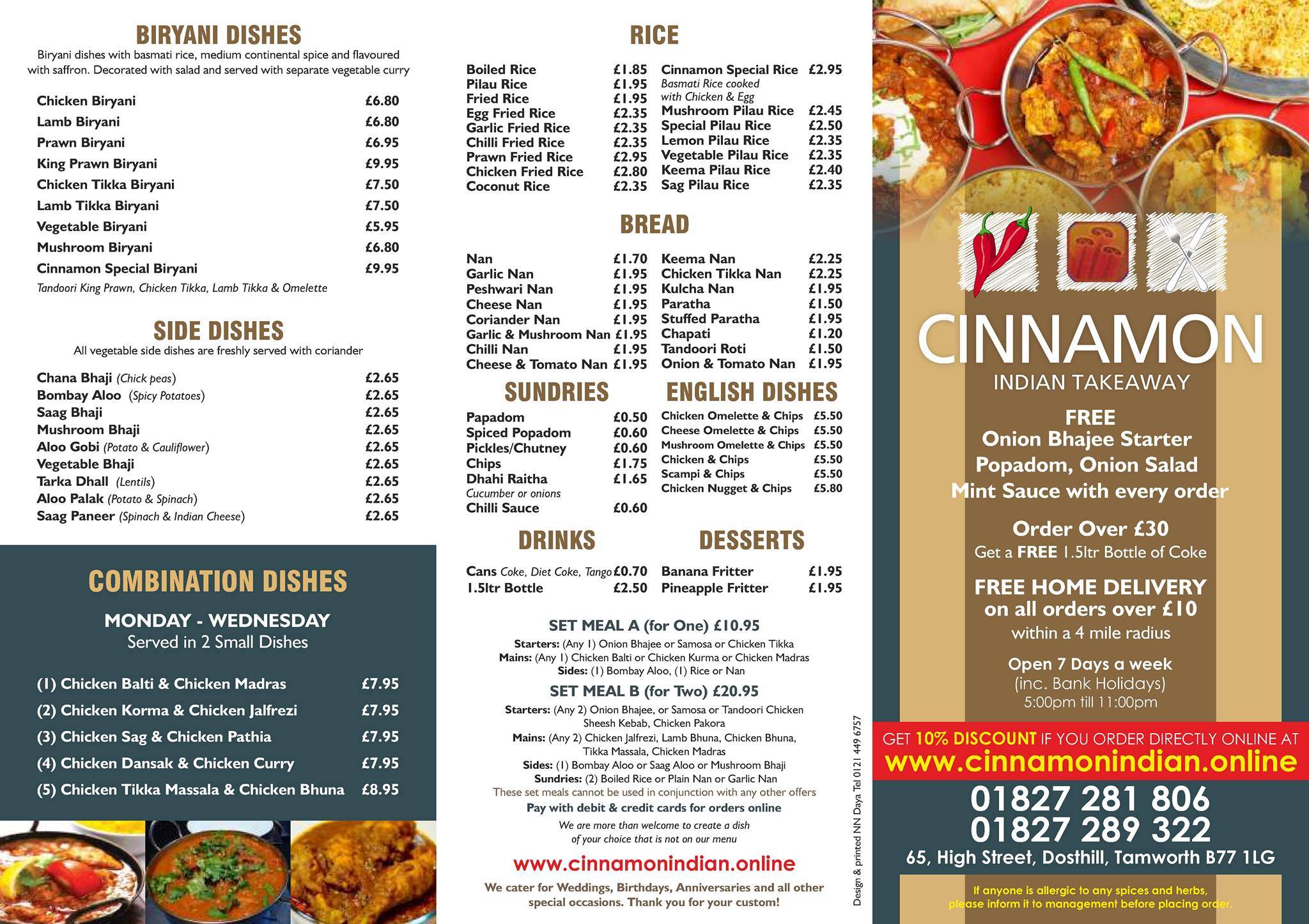 Menu at Cinnamon fast food, Tamworth
