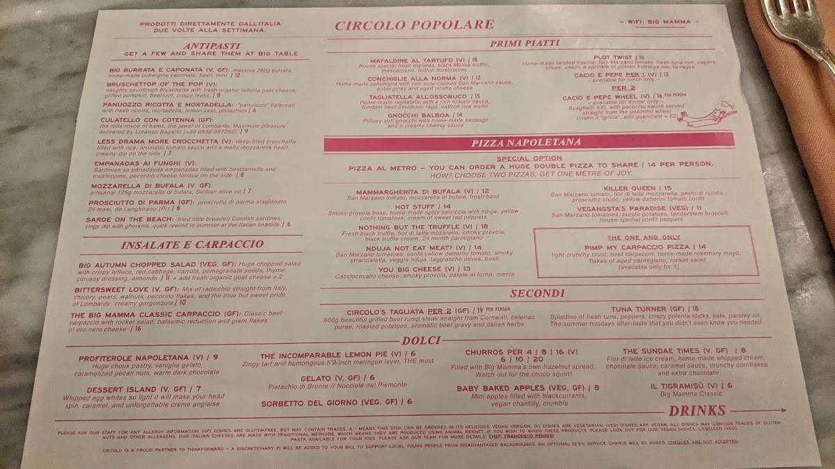 Menu at Circolo Popolare restaurant, London