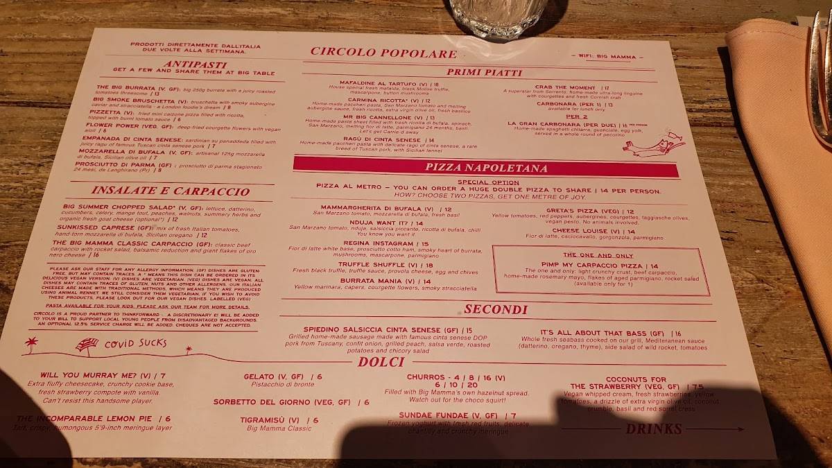 Menu at Circolo Popolare restaurant, London