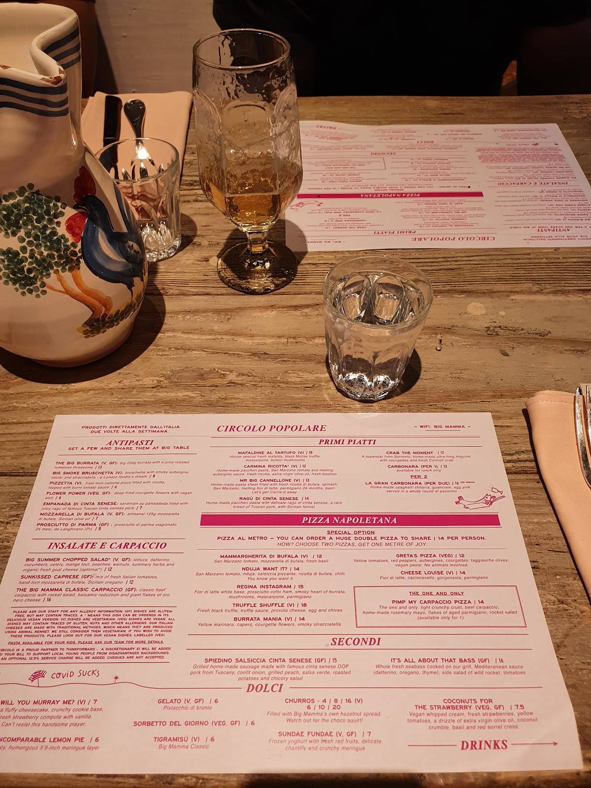 Menu at Circolo Popolare restaurant, London