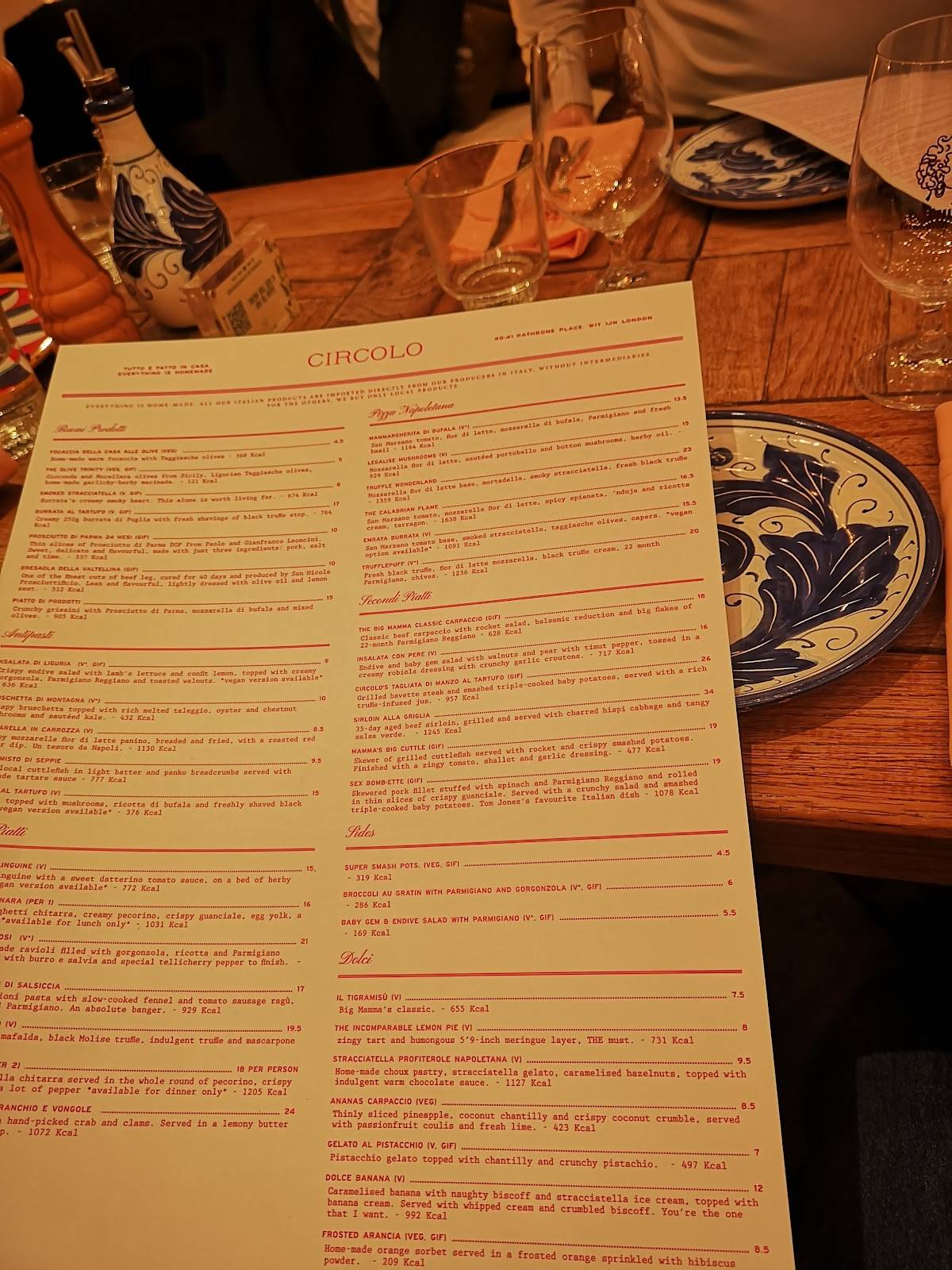Menu at Circolo Popolare restaurant, London