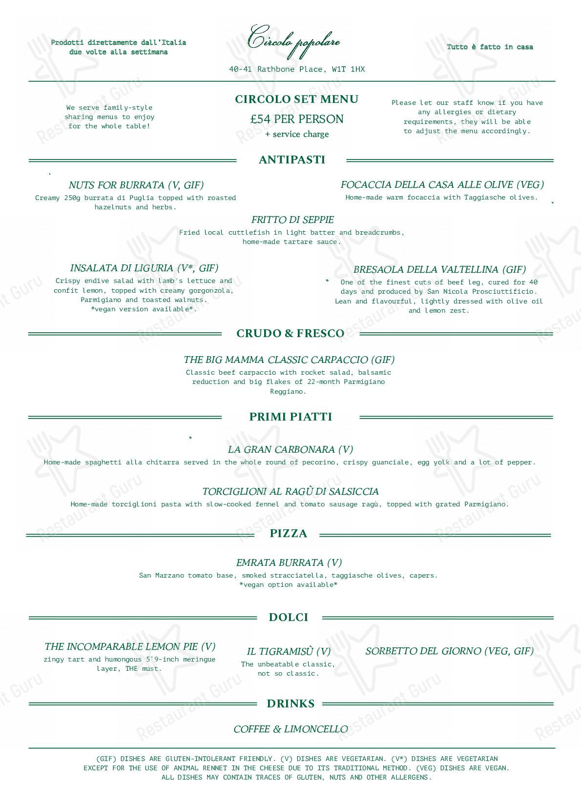 Menu at Circolo Popolare restaurant, London