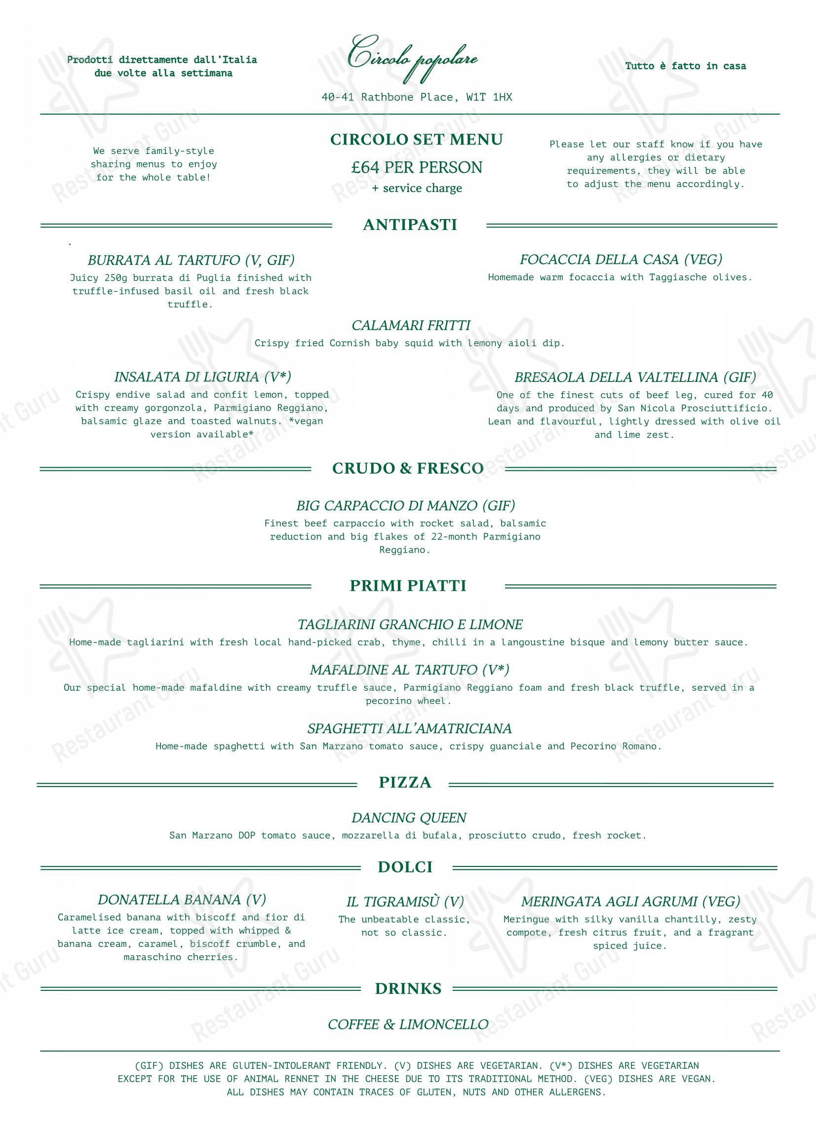 Menu at Circolo Popolare restaurant, London