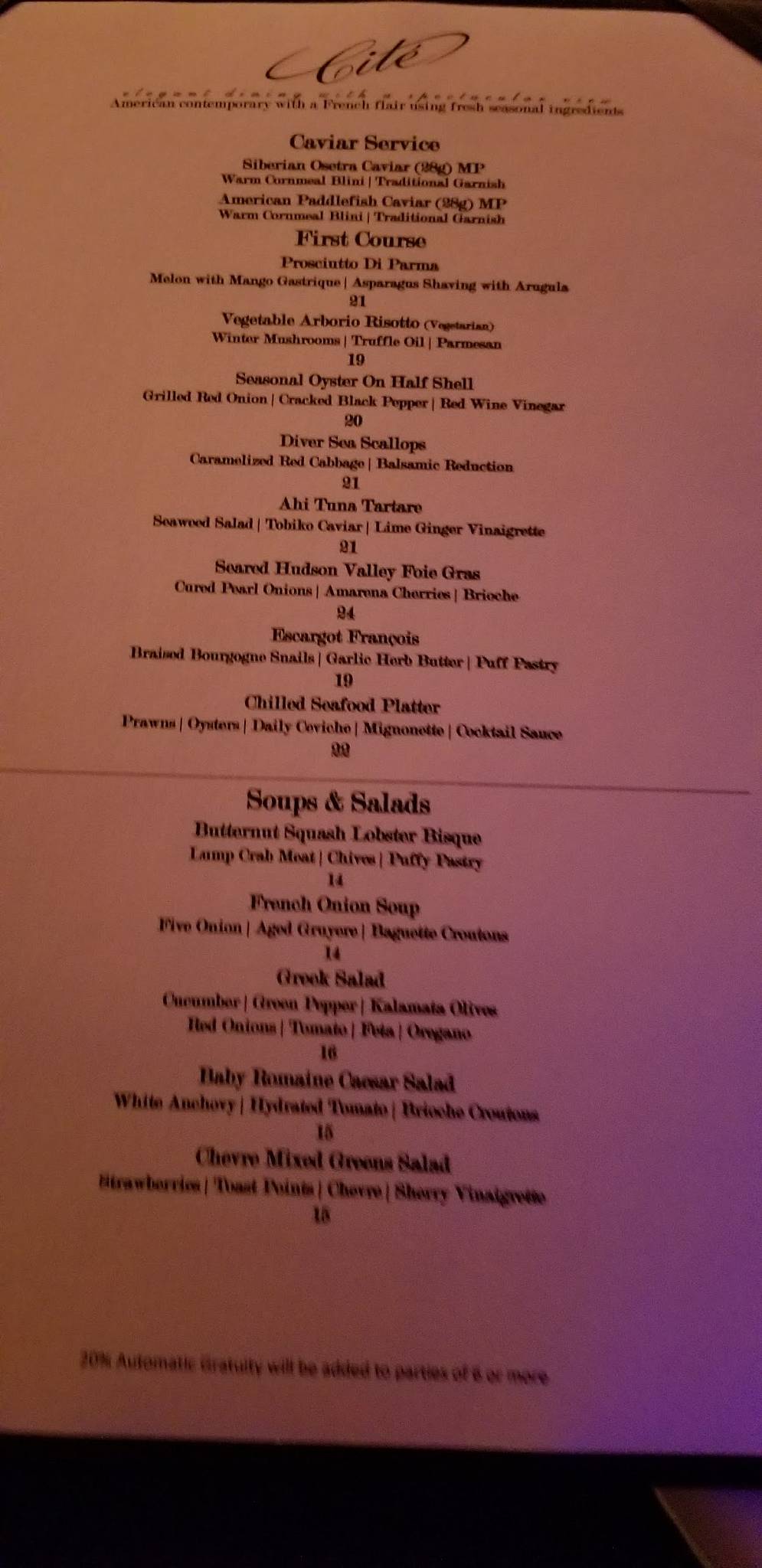 Menu at Cite steakhouse, Chicago, Lake Point Tower