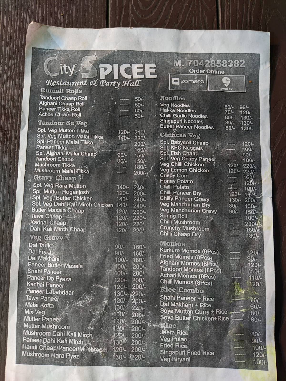 Menu at City spicee sec 16, Faridabad