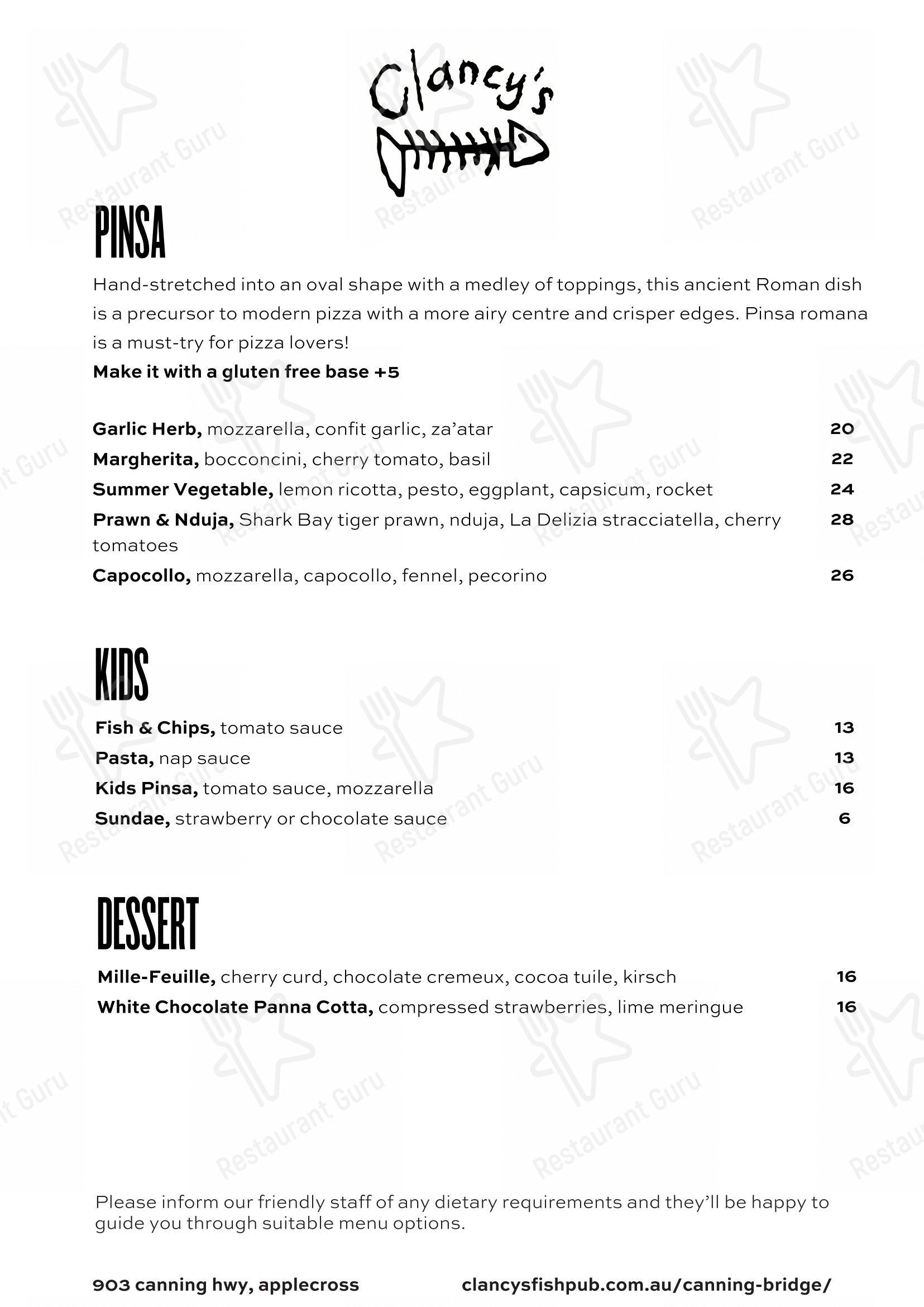 Menu at Clancy's Fish Pub, Applecross, 903 Canning Hwy