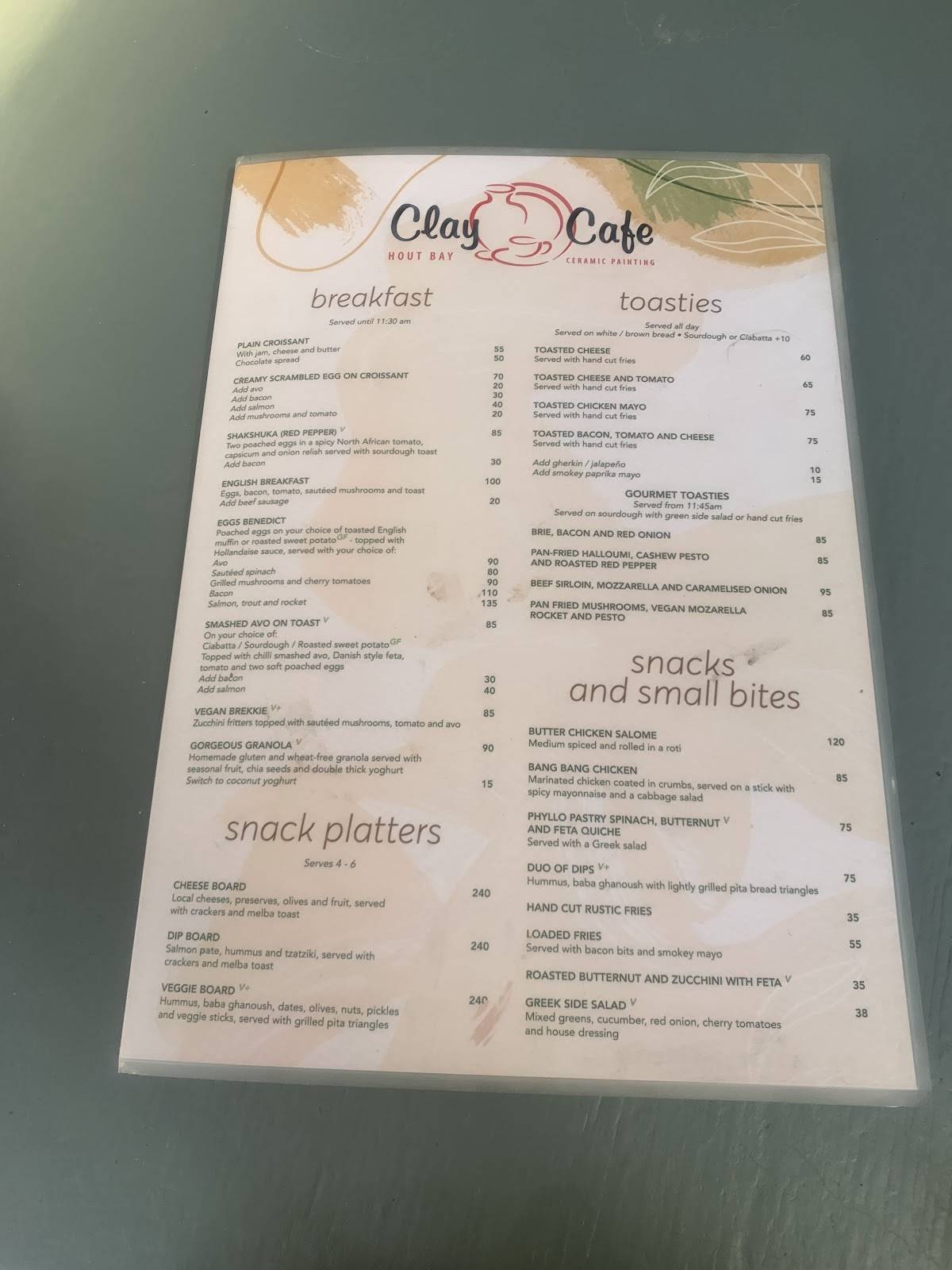 Menu at Clay Cafe Hout Bay Child-friendly Restaurant & Ceramic Painting ...