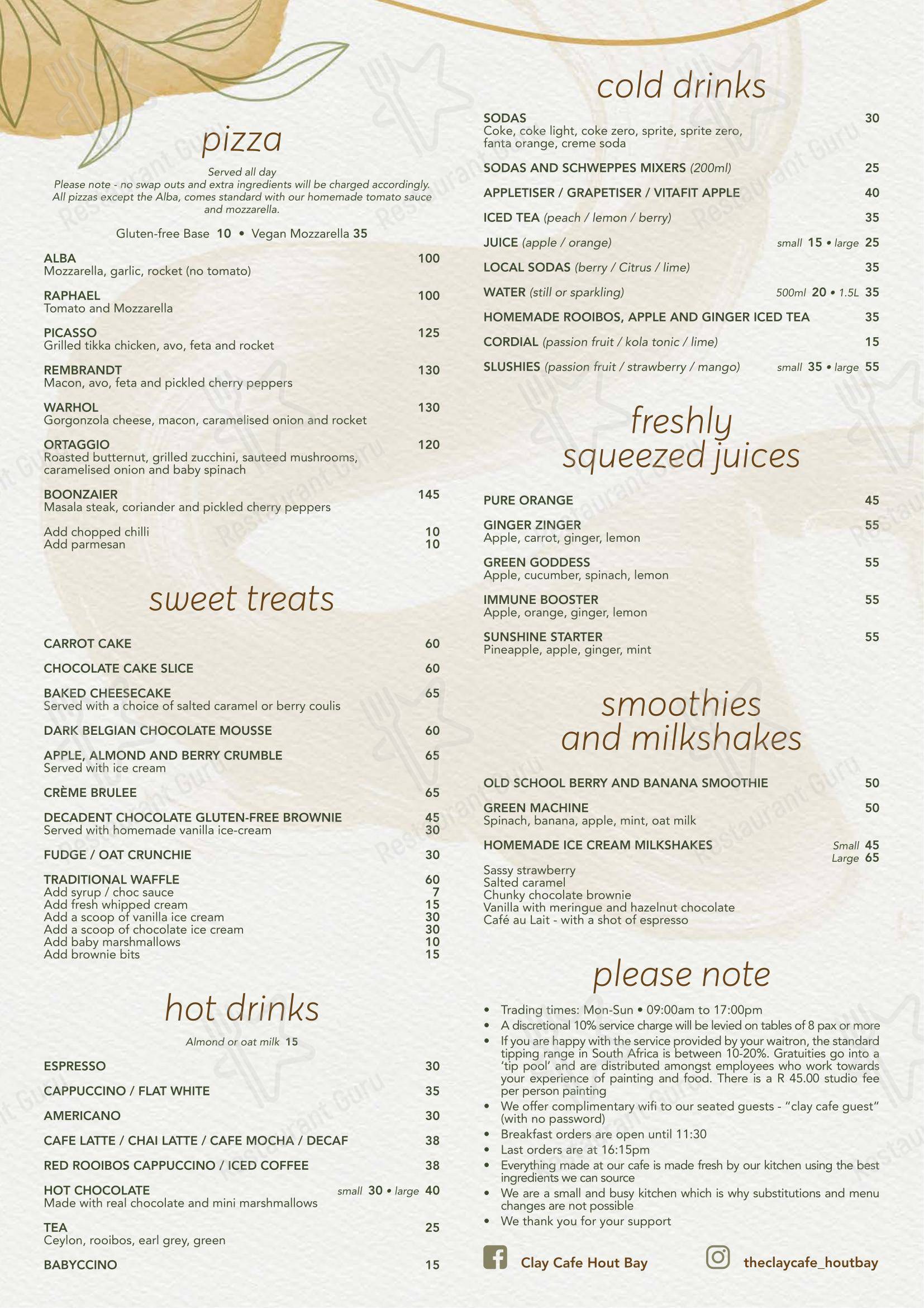 Menu at Clay Cafe Hout Bay Child-friendly Restaurant & Ceramic Painting ...