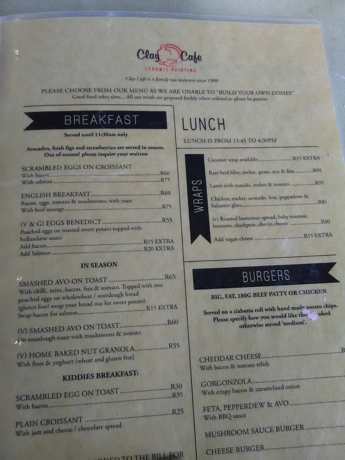 Menu at Clay Café Hout Bay restaurant, Cape Town