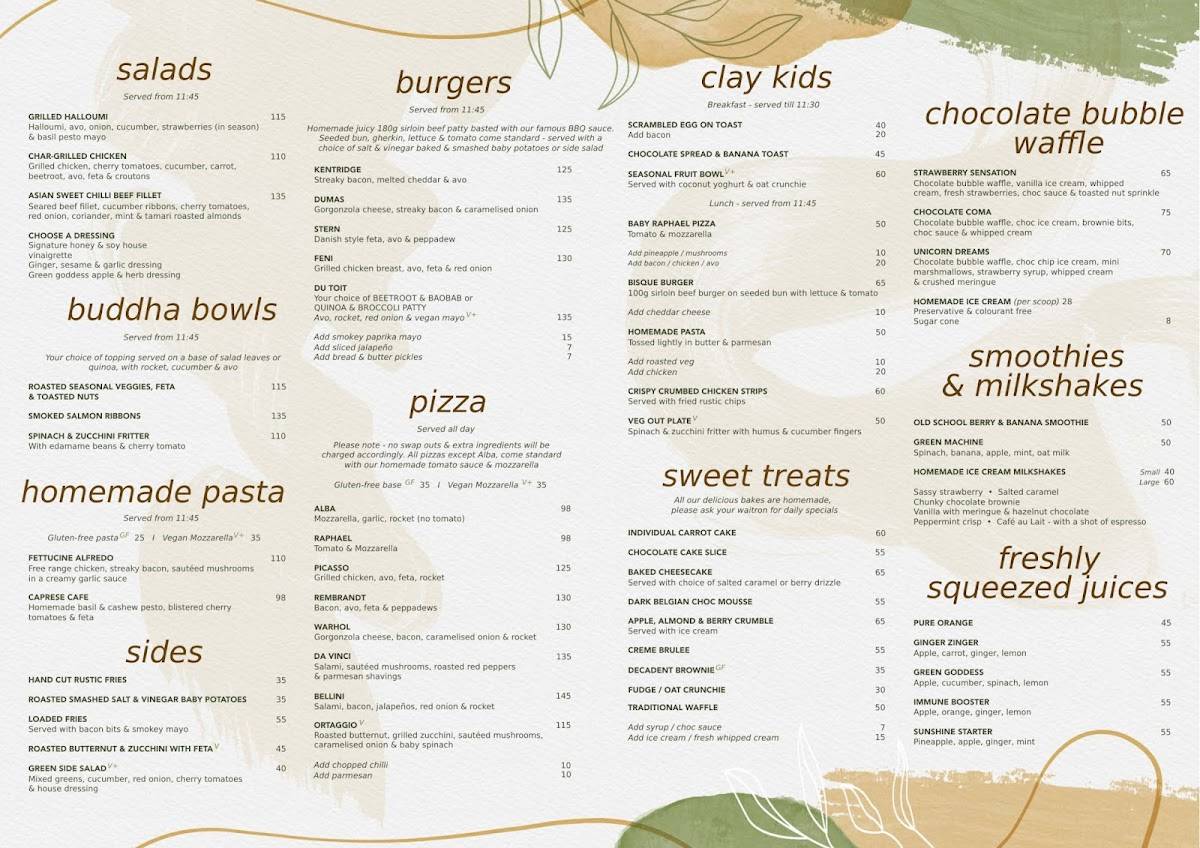 Menu at Clay Café Hout Bay restaurant, Cape Town