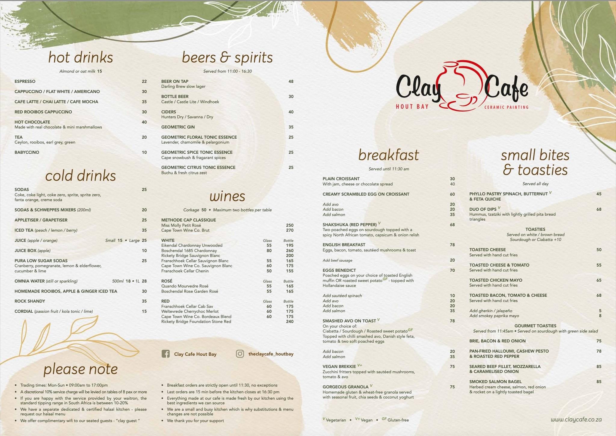 Menu at Clay Café Hout Bay restaurant, Cape Town