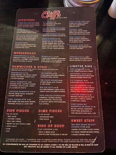 Menu at Cliff's Dive Bar & Grill, Cedar Rapids