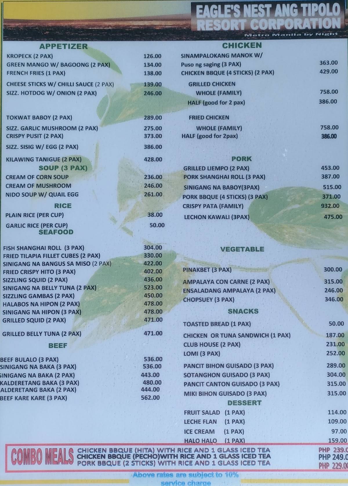 Menu at Cloud 9 Restaurant, Antipolo, 23 Sumulong Hwy
