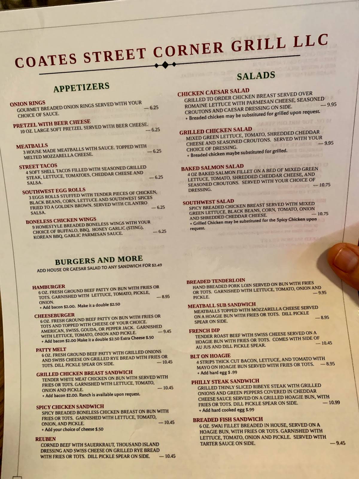 Menu at Coates Street Corner Grill LLC pub & bar, Moberly