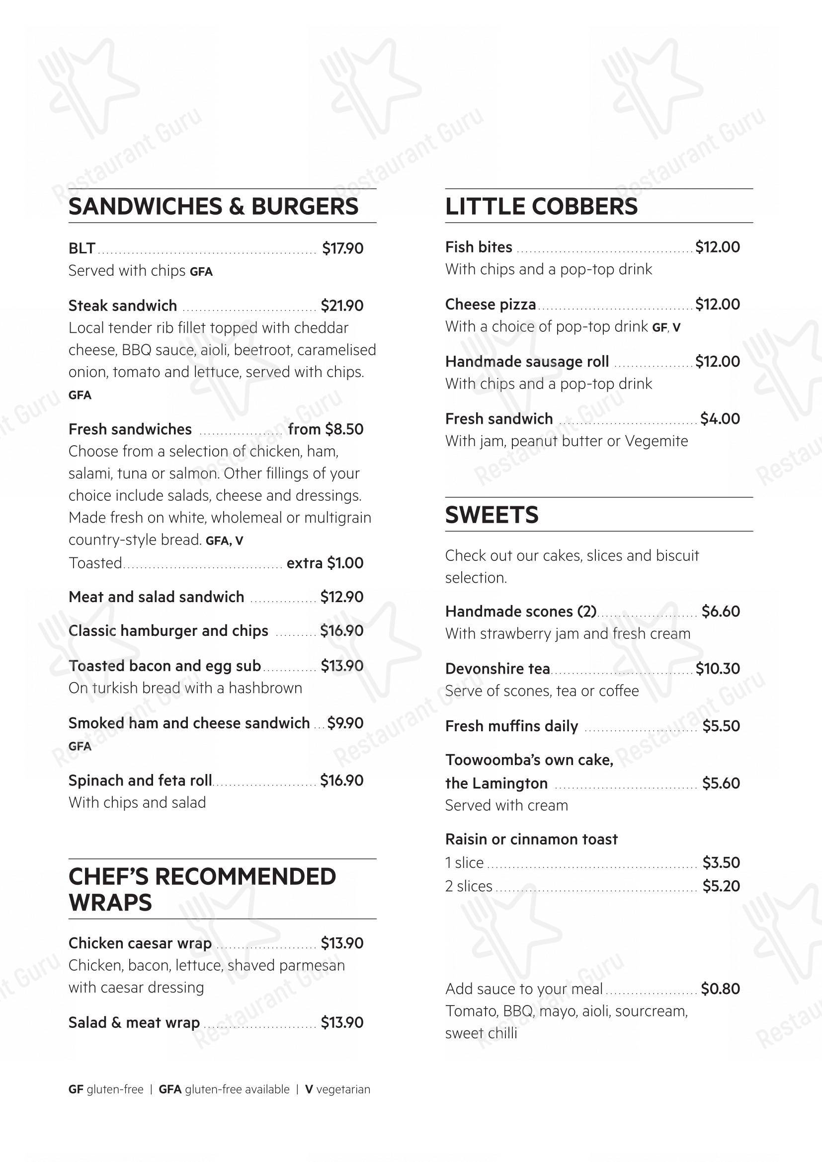 Menu at Cobb's Coffee Shop cafe, East Toowoomba