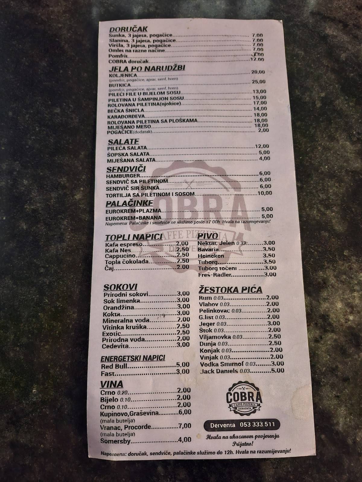 Menu at Cobra cafe, Derventa
