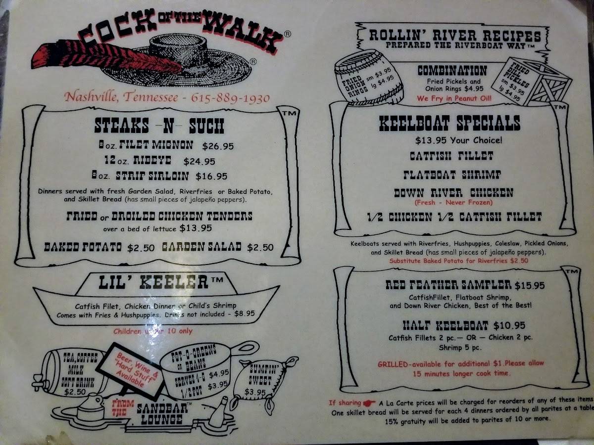 Menu at Cock of the Walk restaurant, Nashville, Music Valley Dr