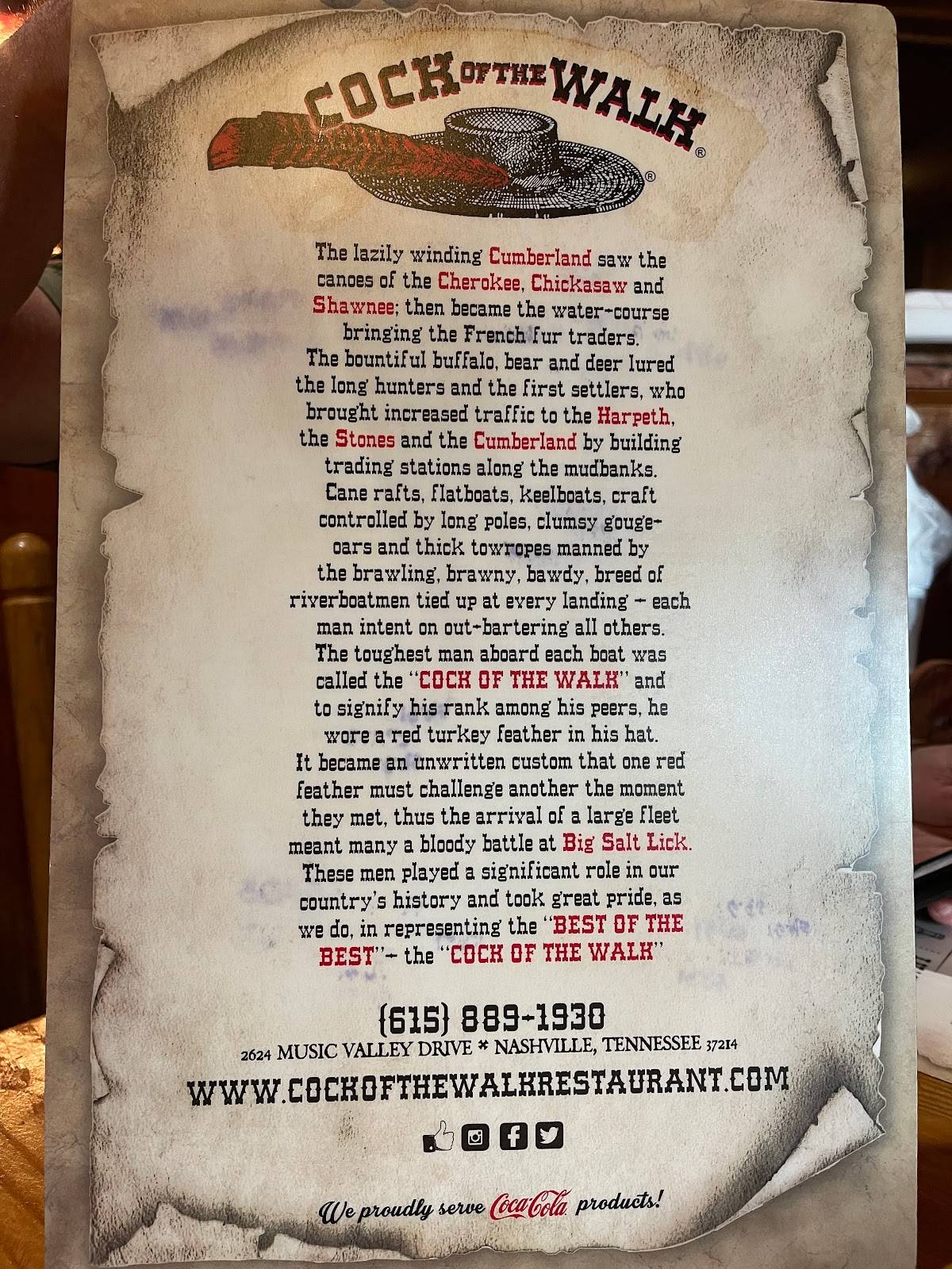 Menu at Cock of the Walk restaurant, Nashville, Music Valley Dr